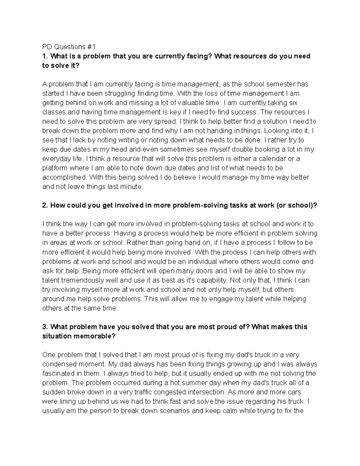 PD Questions #1 - PD Questions # What is a problem that you are ...