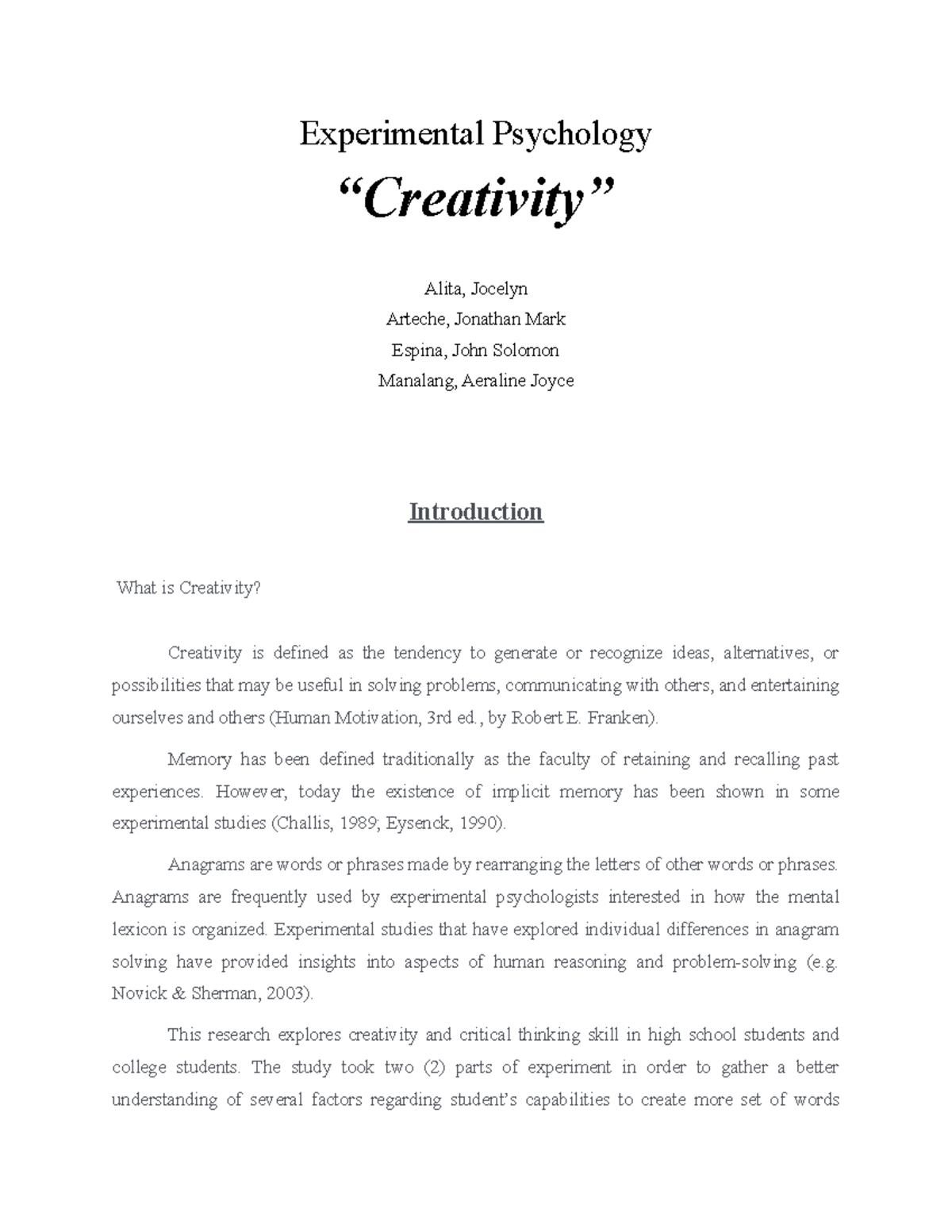 367796758-Creativity - Experimental Psychology “Creativity” Alita ...