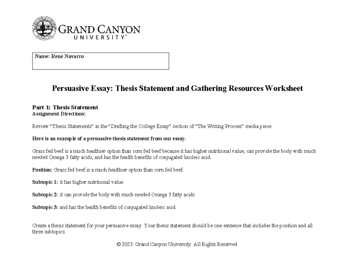 PHI105 T3 Thesis Statement and Gathering Resources Worksheet 2023 ...