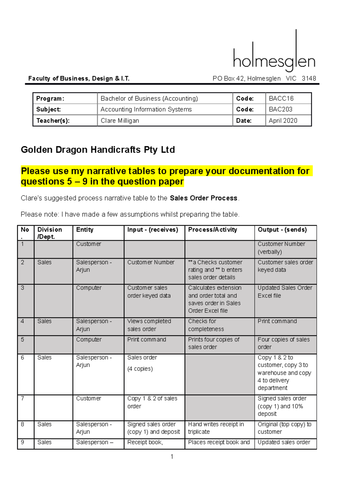 Narrative tables Clares solution 202010 - Faculty of Business, Design ...