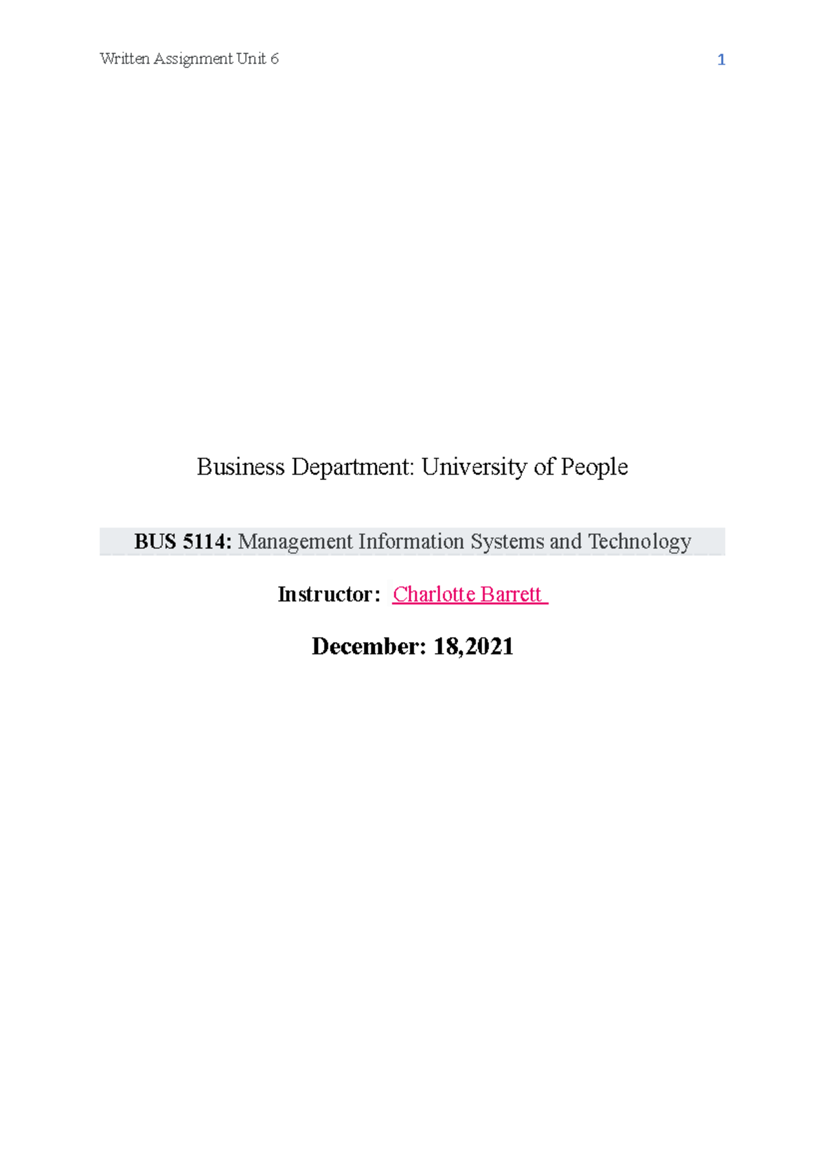 Portfolio Activity Unit 6 - Business Department: University of People BUS 5114: Management - Studocu