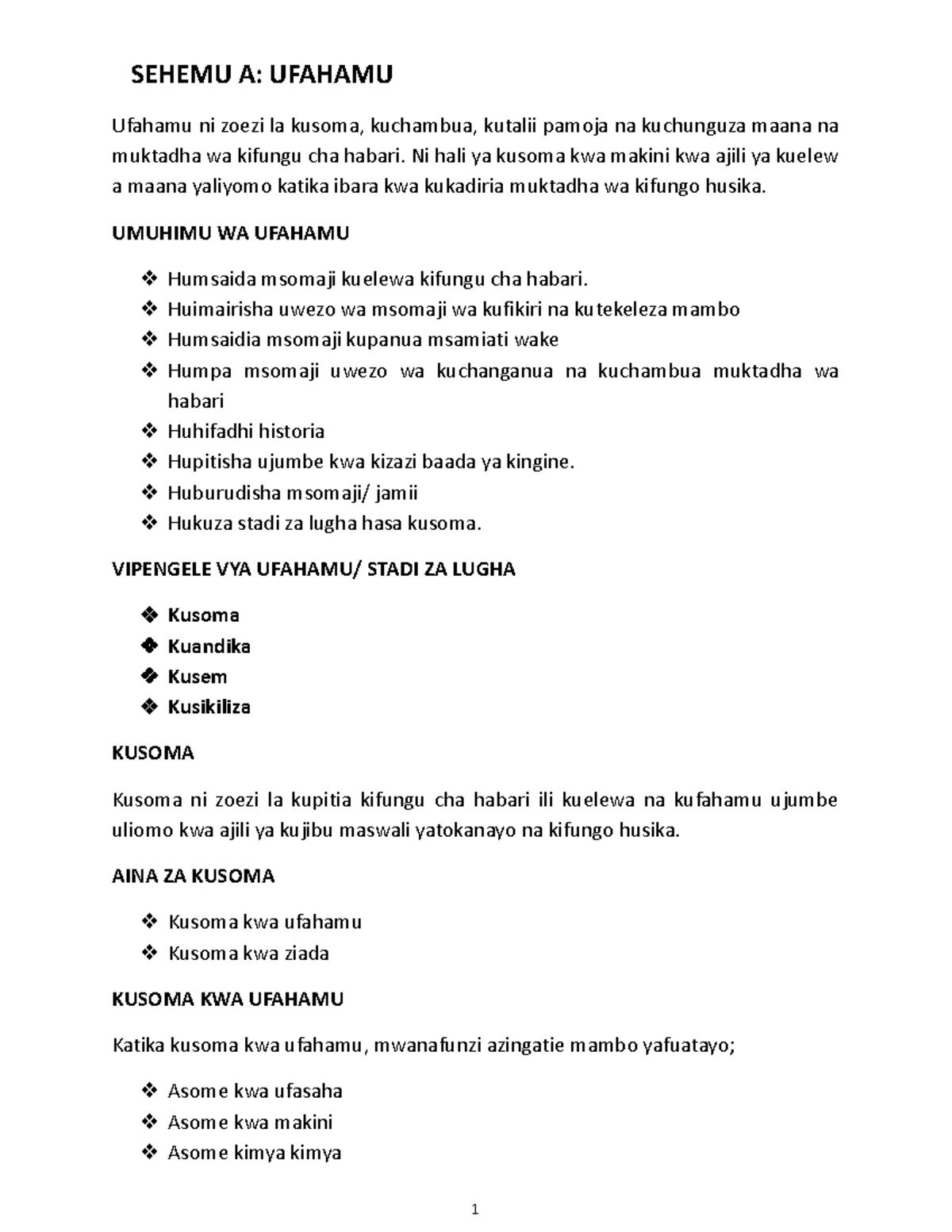 S.6-Swahili-Paper-1- Faharasa - SEHEMU A: UFAHAMU Ufahamu ni zoezi la ...