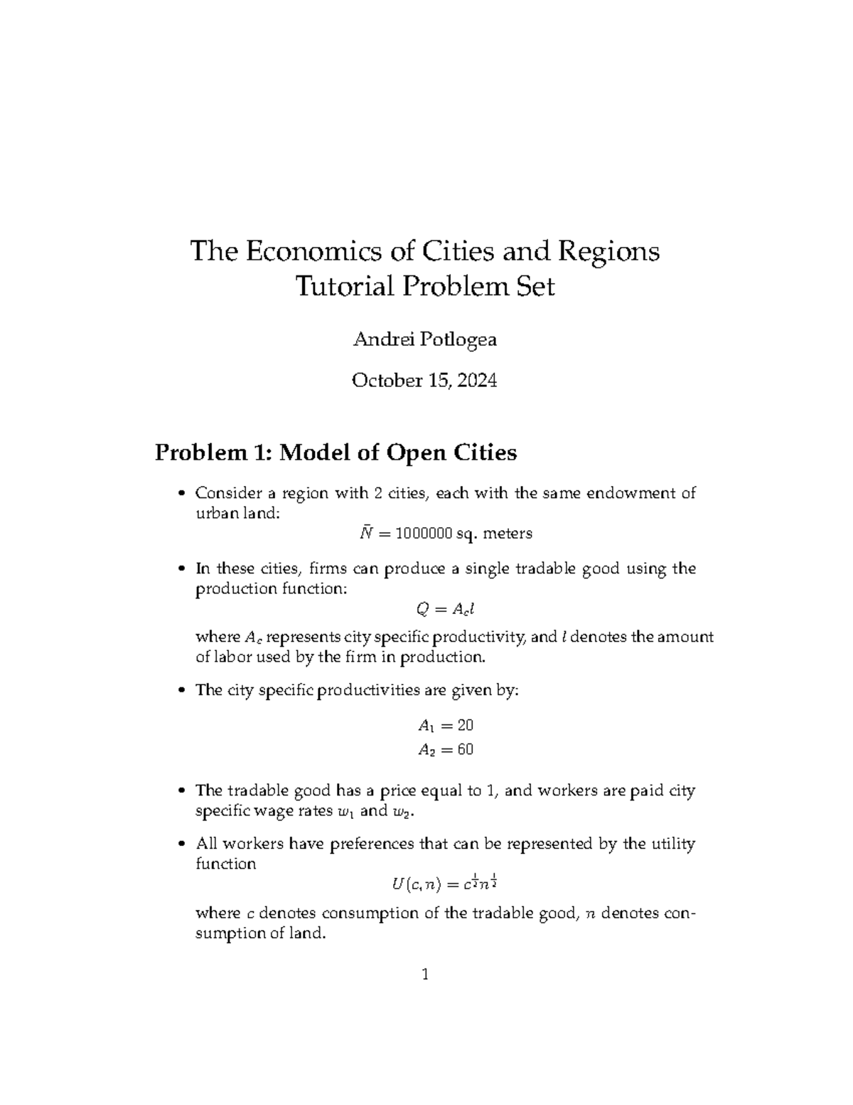 Tutorial problems - The Economics of Cities and Regions Tutorial ...