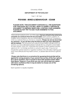 Lecture 12a Mock Exam Debrief Handout 2324 - PS12001: MIND, BRAIN ...