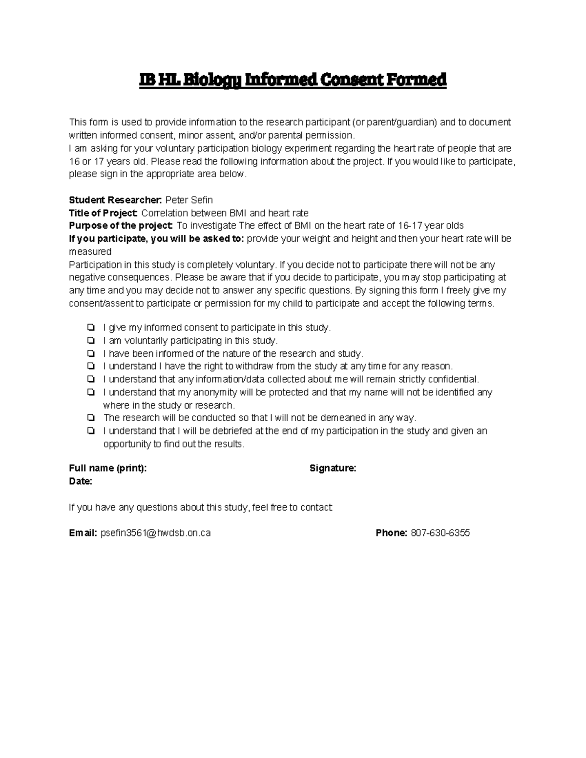 Consent form Physics - IB HL Biology Informed Consent Formed This form ...
