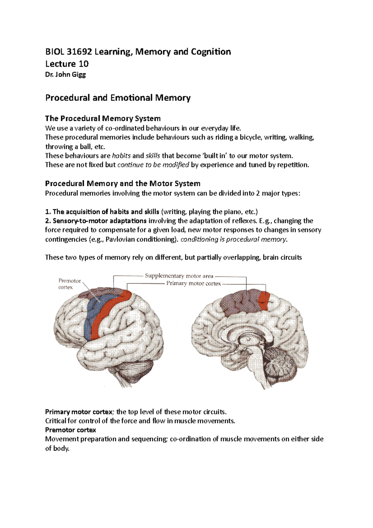 Lecture 10 Procedural And Emotional Memory Biol 31692 Learning Memory And Cognition Lecture