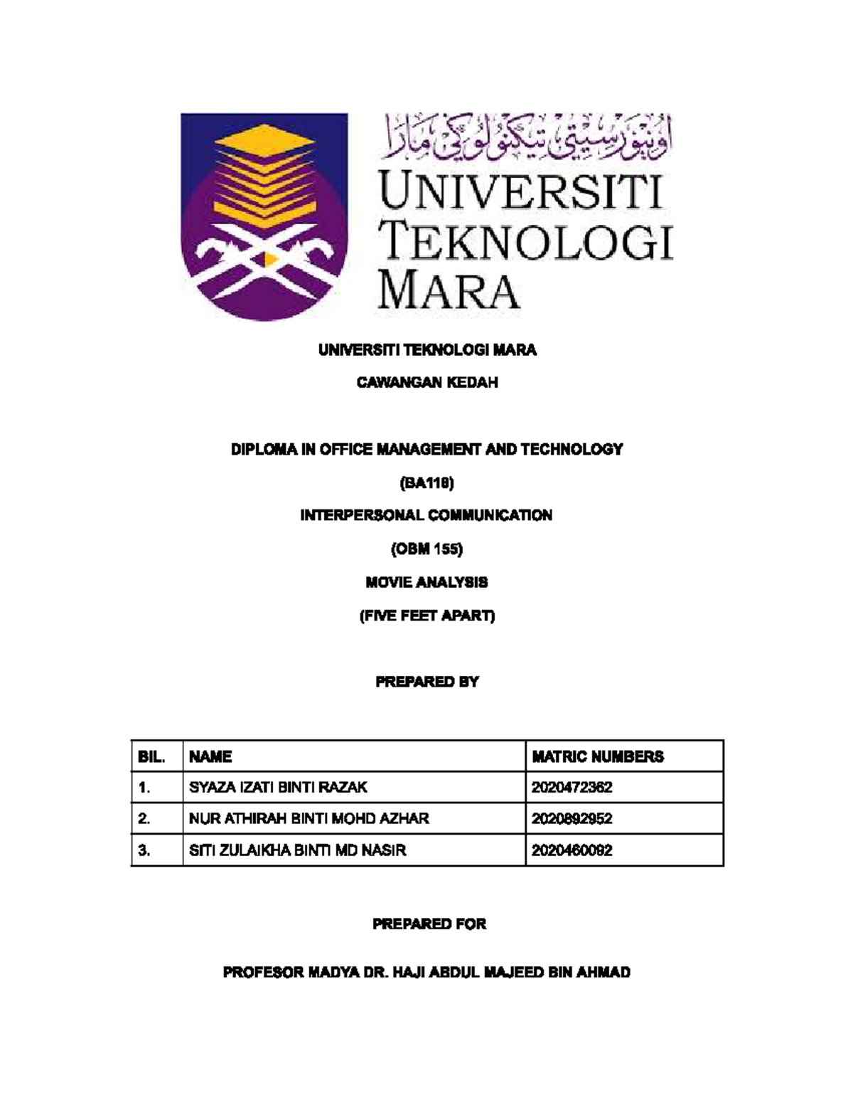 OBM 155 Esaimen - TITLE: SIX FEET RULE - Interpersonal Communication ...