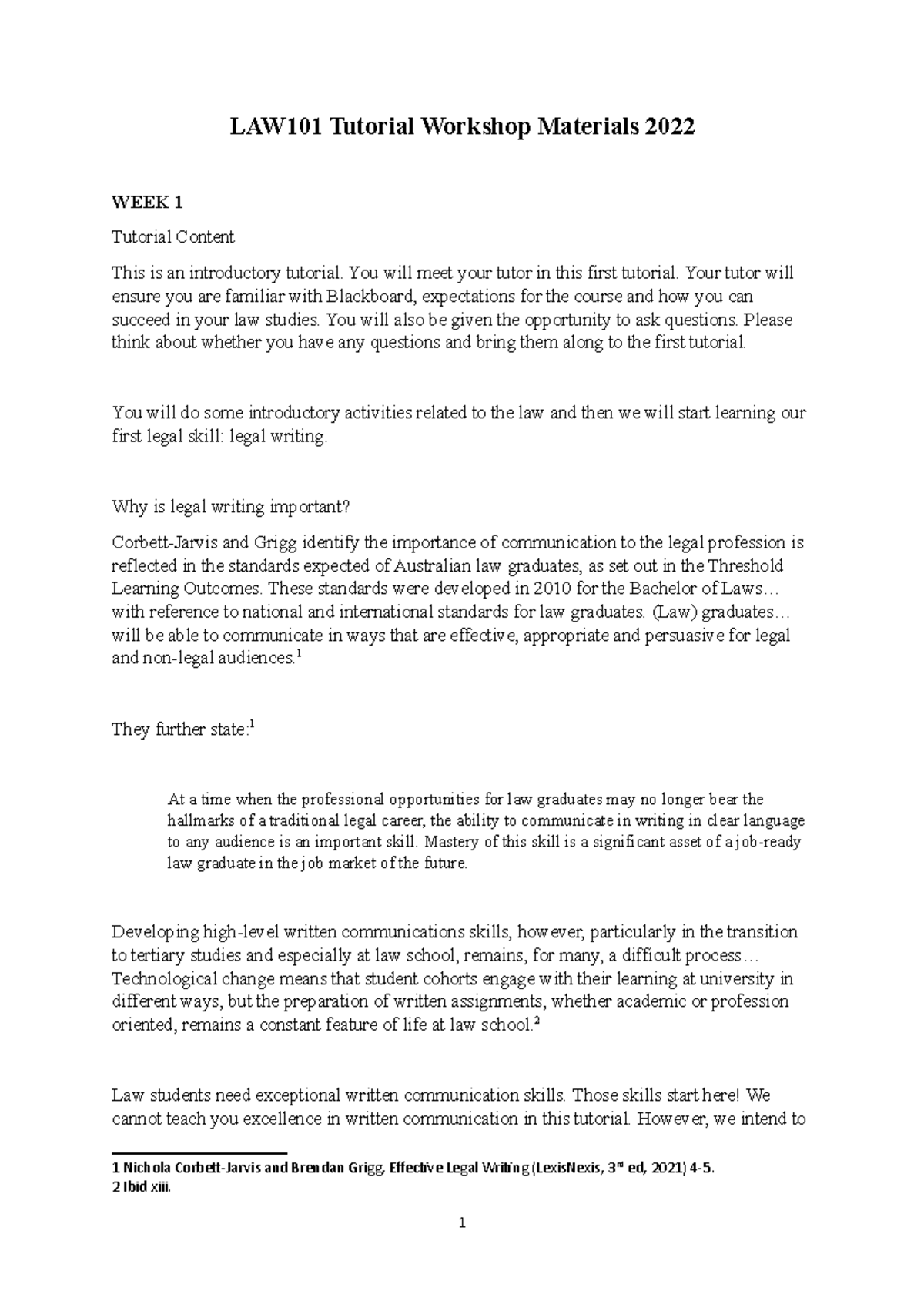 LAW101 Tutorial Guide 2022-1 - LAW101 Tutorial Workshop Materials 2022 ...