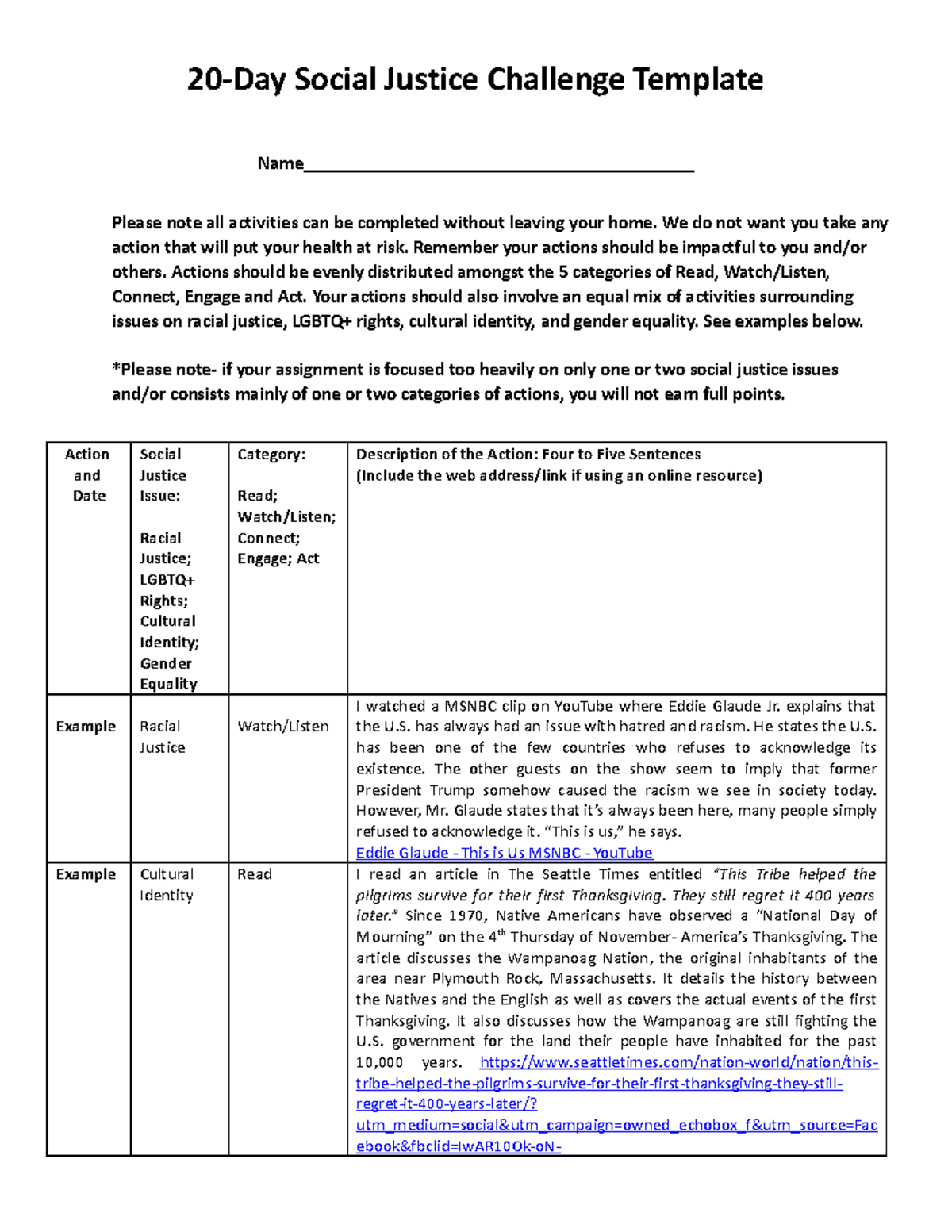 20-Day Social Justice Challenge Template Summer - 20-Day Social Justice Challenge Template - Studocu