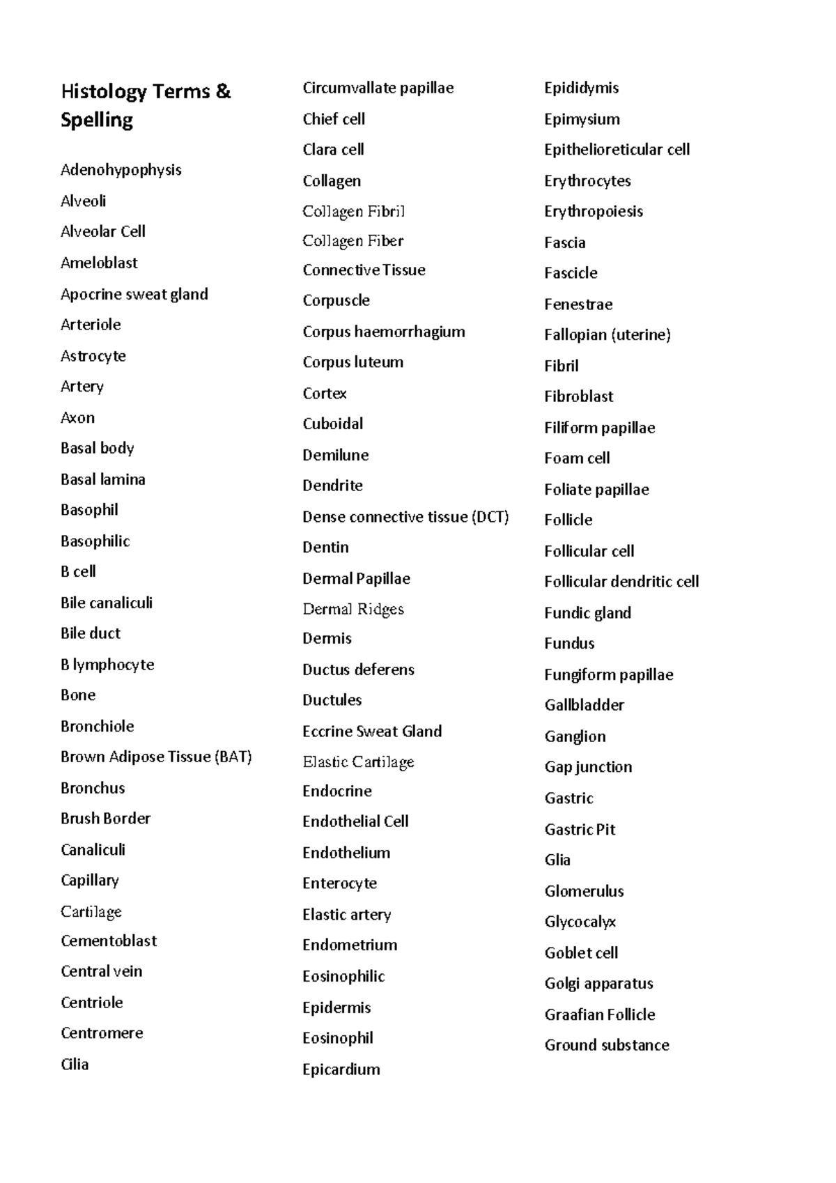 Histology Terms - Studocu