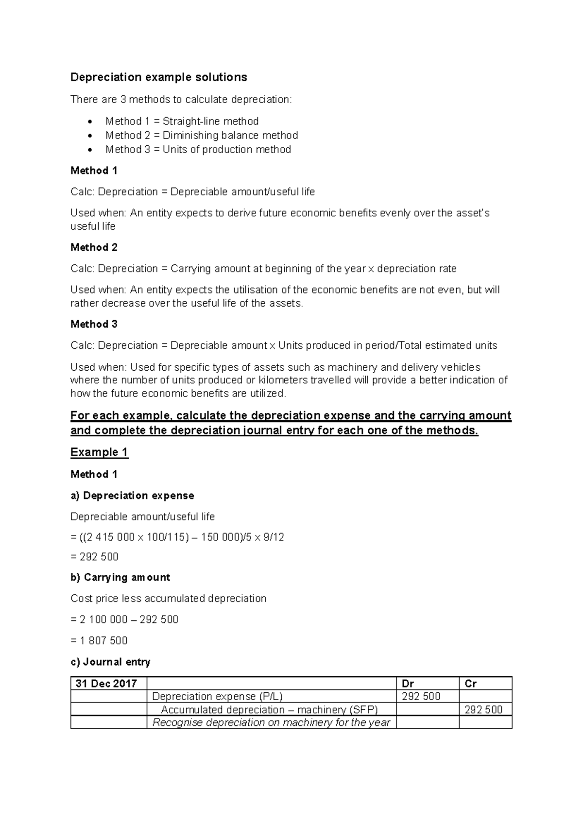 Unit 1 Depreciation examples solutions - Depreciation example solutions There are 3 methods to ...