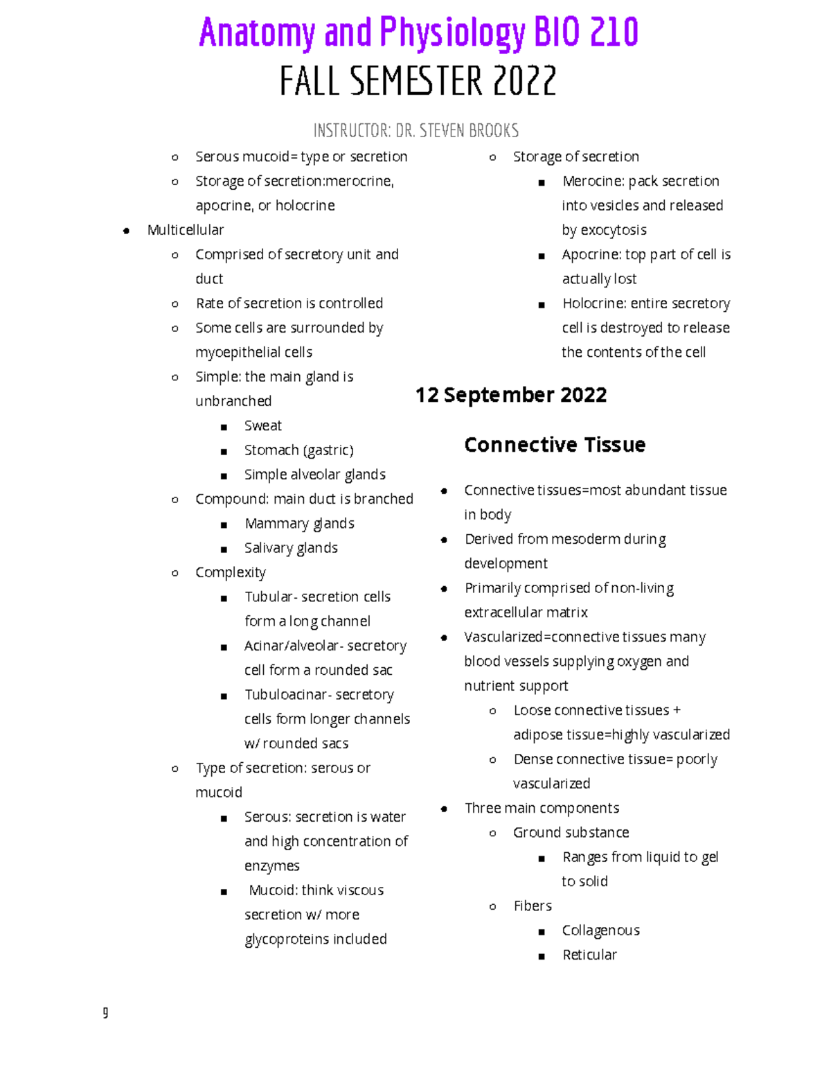 12 sepember - 9/12/22 lecture - Anatomy and Physiology BIO 210 FALL ...