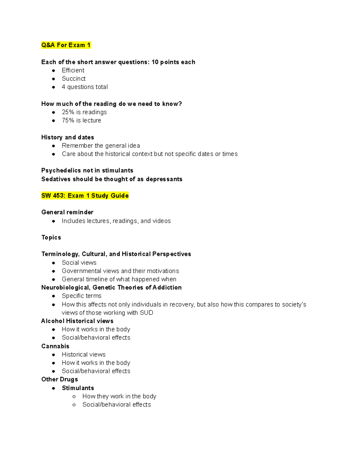 Q&A For Exam 1 - General Information/Study Guide - Q&A For Exam 1 Each ...