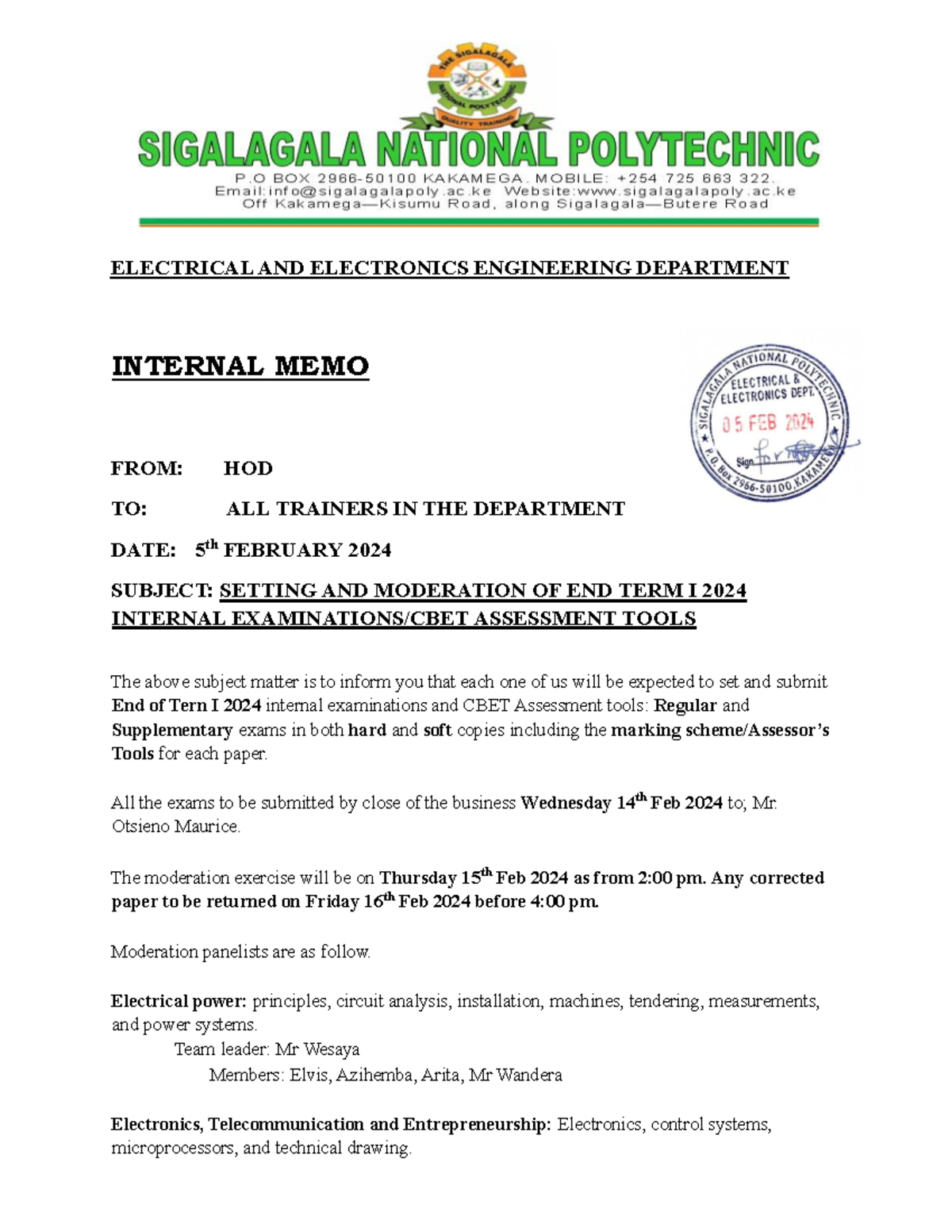 Memo End term 1 2024 Exams - ELECTRICAL AND ELECTRONICS ENGINEERING ...