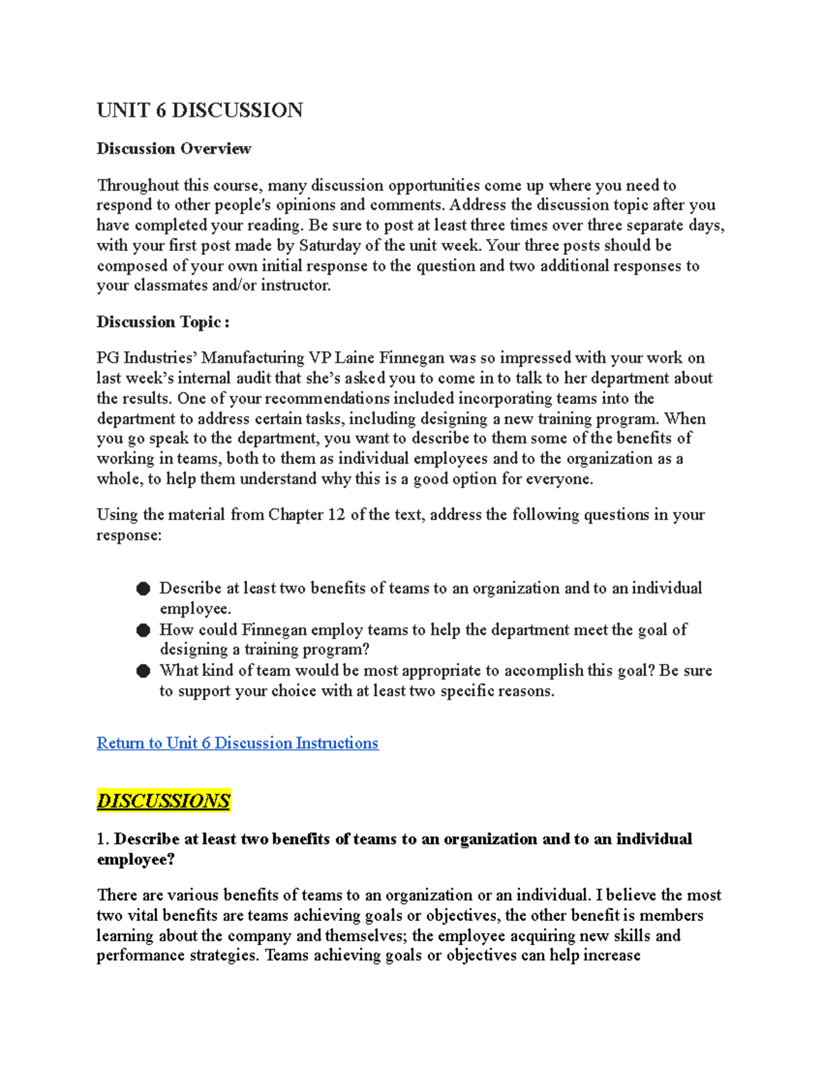 MT140 UNIT 6 Discussion - UNIT 6 DISCUSSION Discussion Overview ...