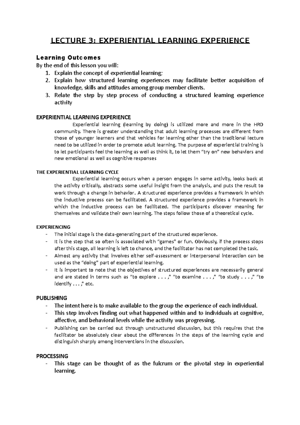 SWE1 Group Dynamics Lecture 3 - LECTURE 3: EXPERIENTIAL LEARNING ...