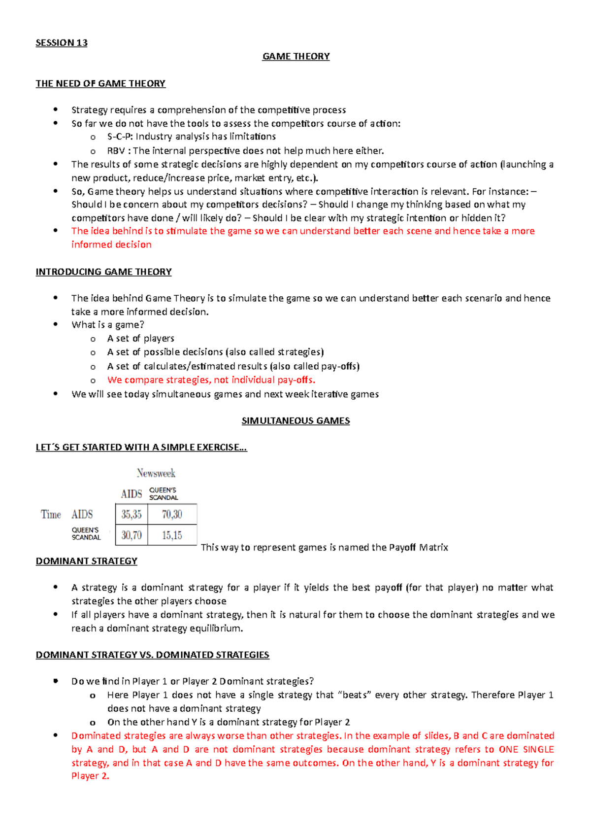 Strategic Management Final Notes - SESSIO N 13 GAME THEORY THE NEED OF ...