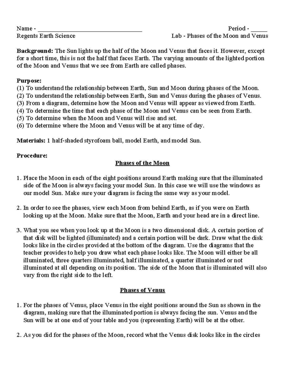 Lab - Moons Phases - Name - ________________________________ Period ...
