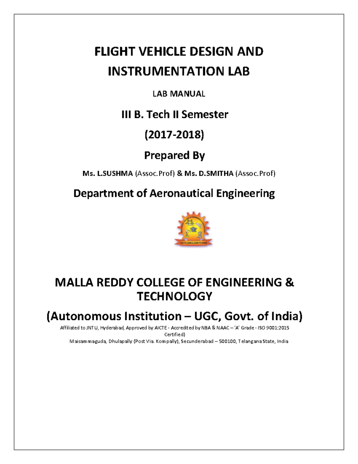Flight Vehicle Design AND Instrumentation LAB - FLIGHT VEHICLE DESIGN ...