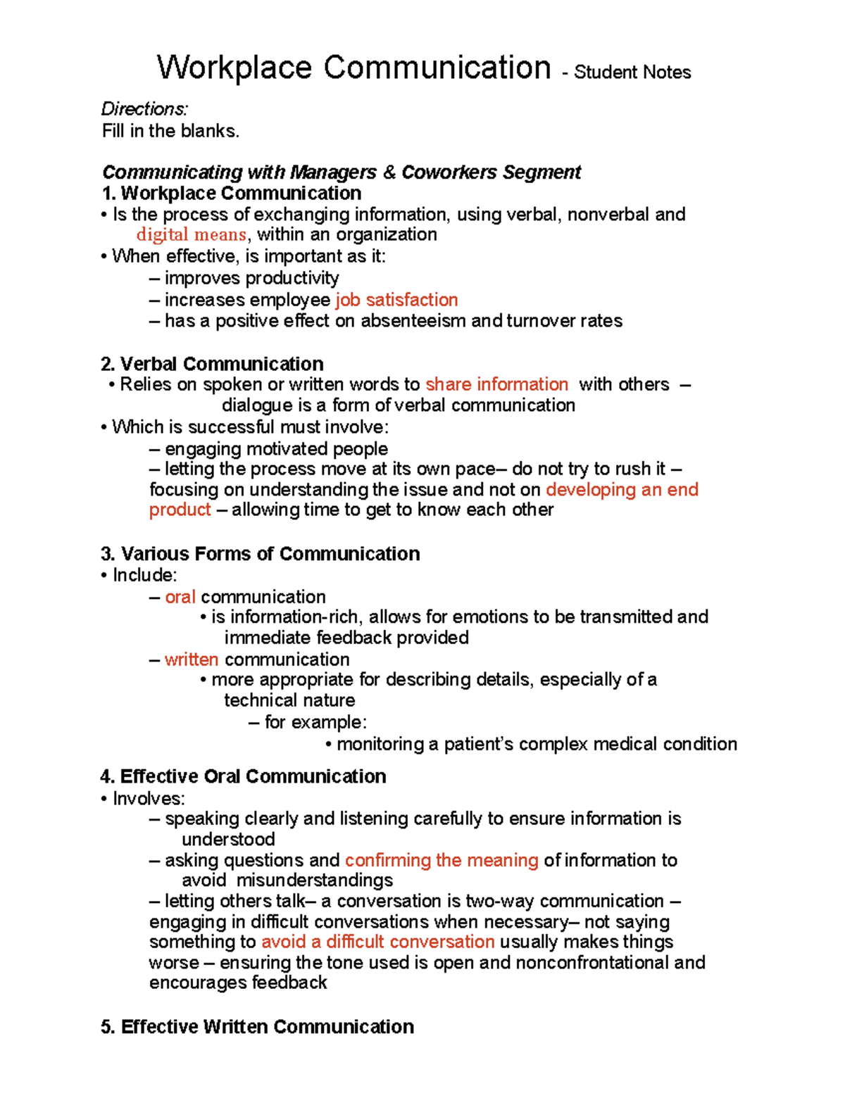 Copy of Workplace Communication Student Notes - Workplace Communication ...