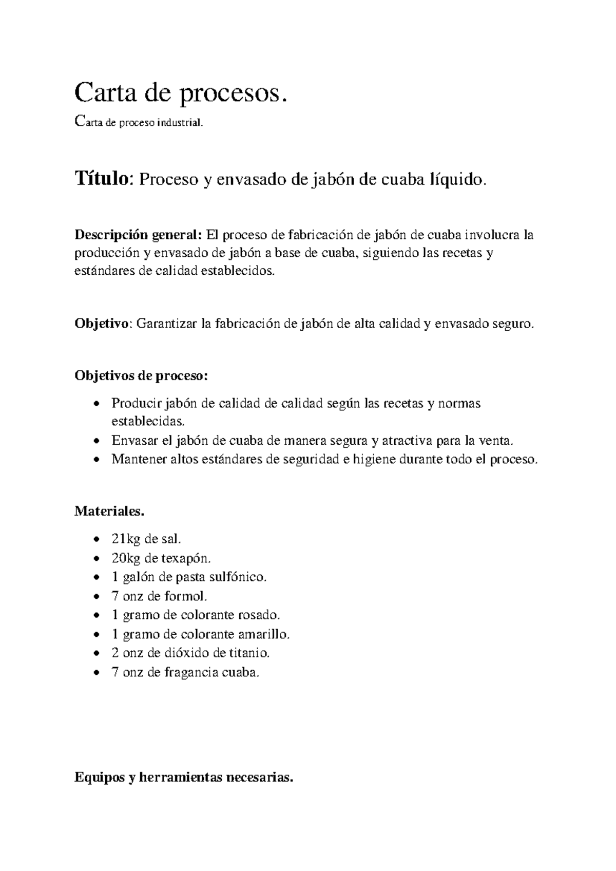 Carta de procesos - Carta de proceso industrial. Título: Proceso y ...