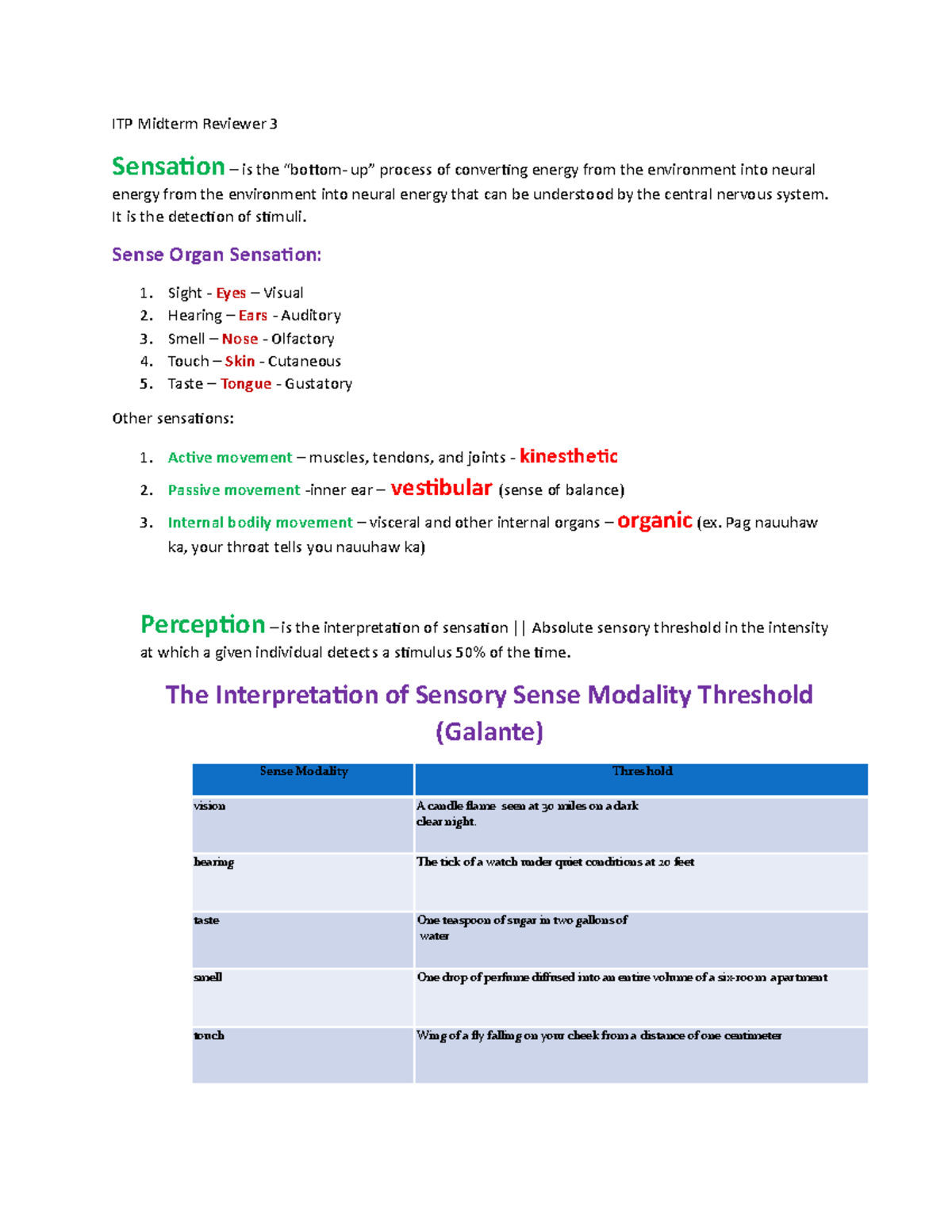 ITP Midterm Reviewer 3 Sensation - It is the detection of stimuli. Sense Organ Sensation: Sight ...