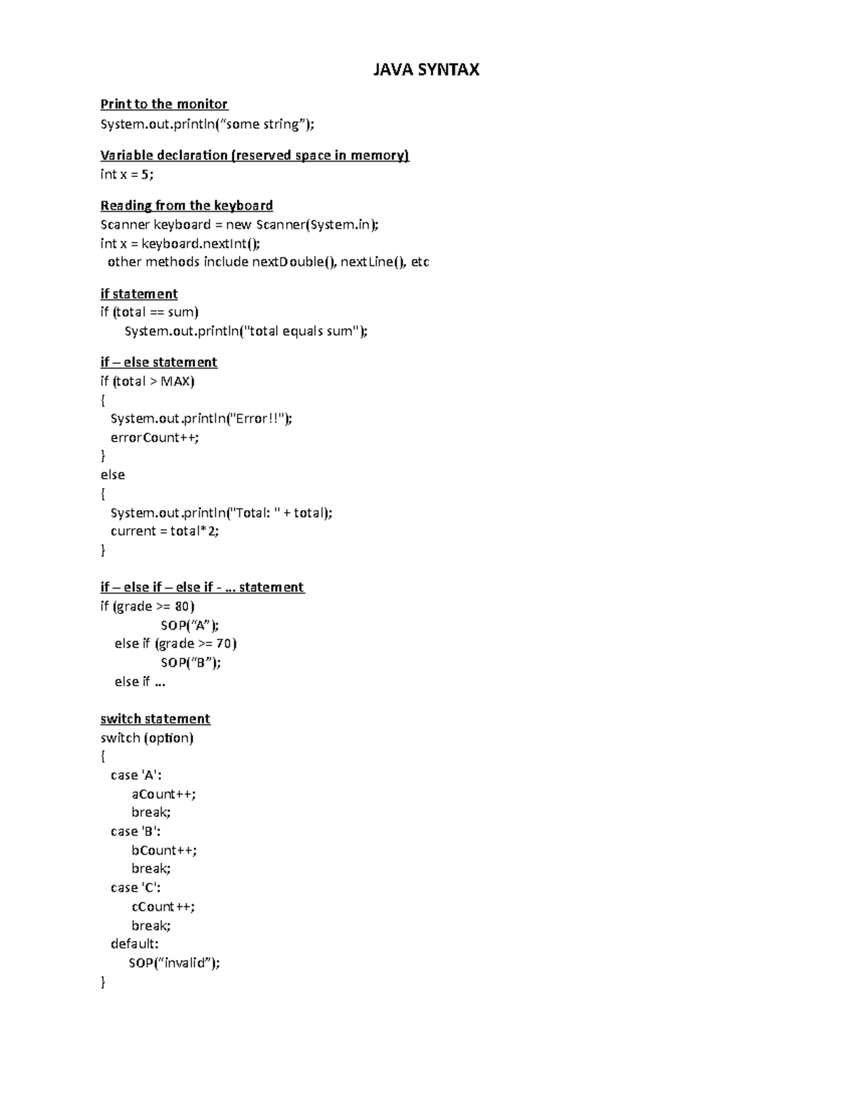 Java Syntax - JAVA SYNTAX Print to the monitor Variable declaration ...