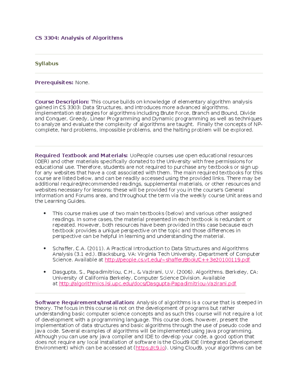 Syllabus Cs 3304 Analysis Of Algorithms Syllabus Prerequisites None Course Description