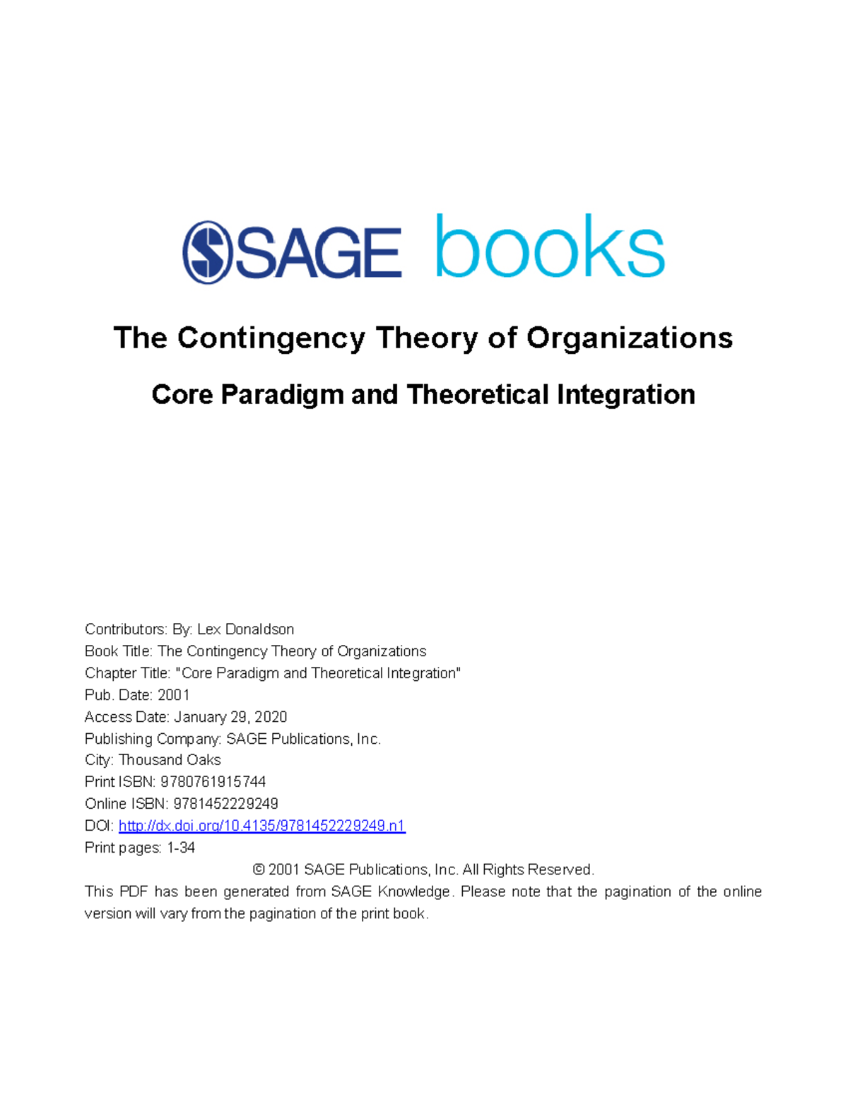 Donaldson, 2001 - Good - The Contingency Theory of Organizations Core ...