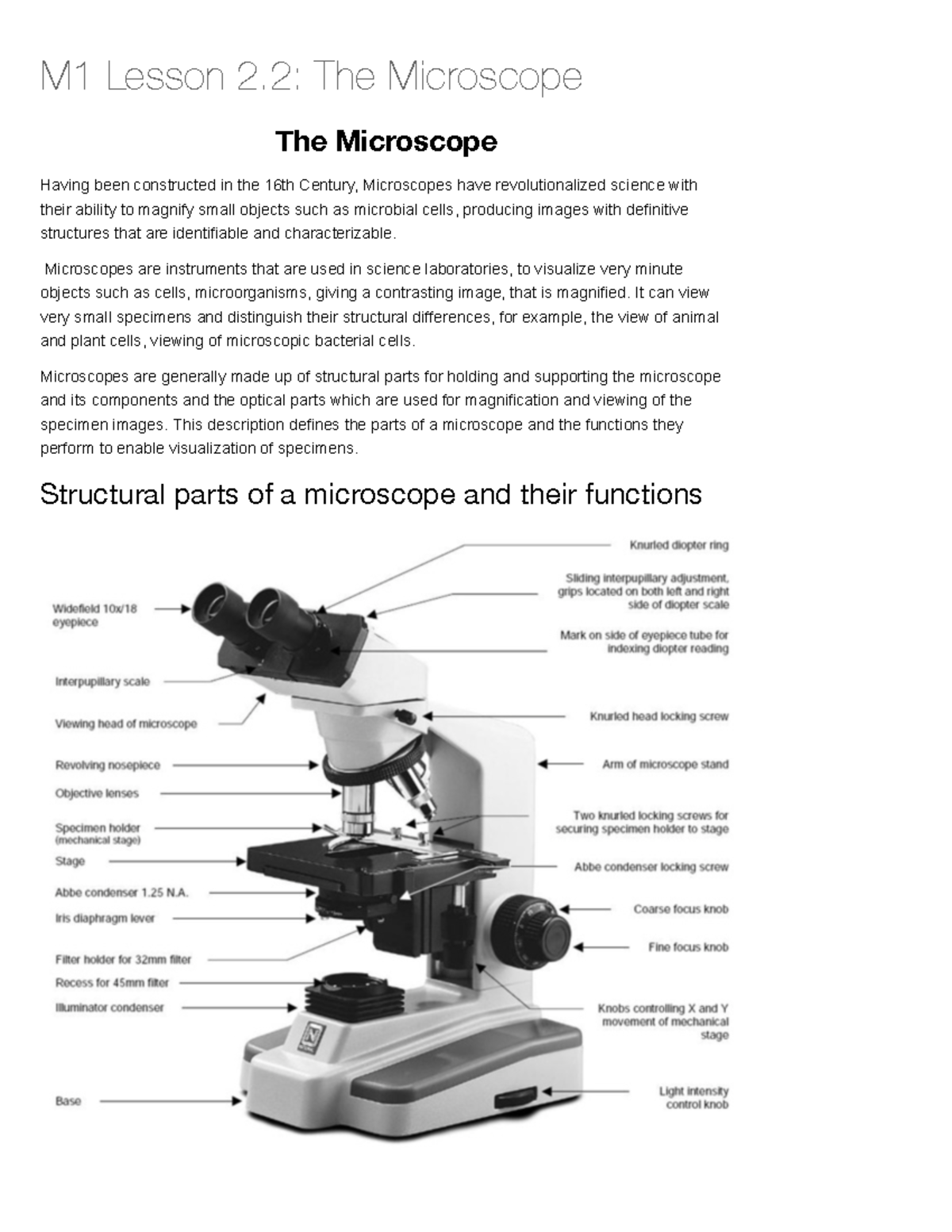 Microscope - HEHE - M1 Lesson 2: The Microscope The Microscope Having ...