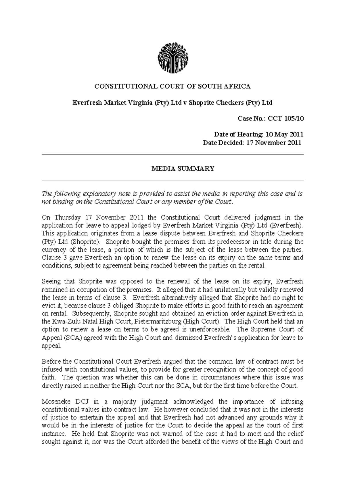 Everfresh Market Virginia (Pty) Ltd v Shoprite Checkers Summary ...