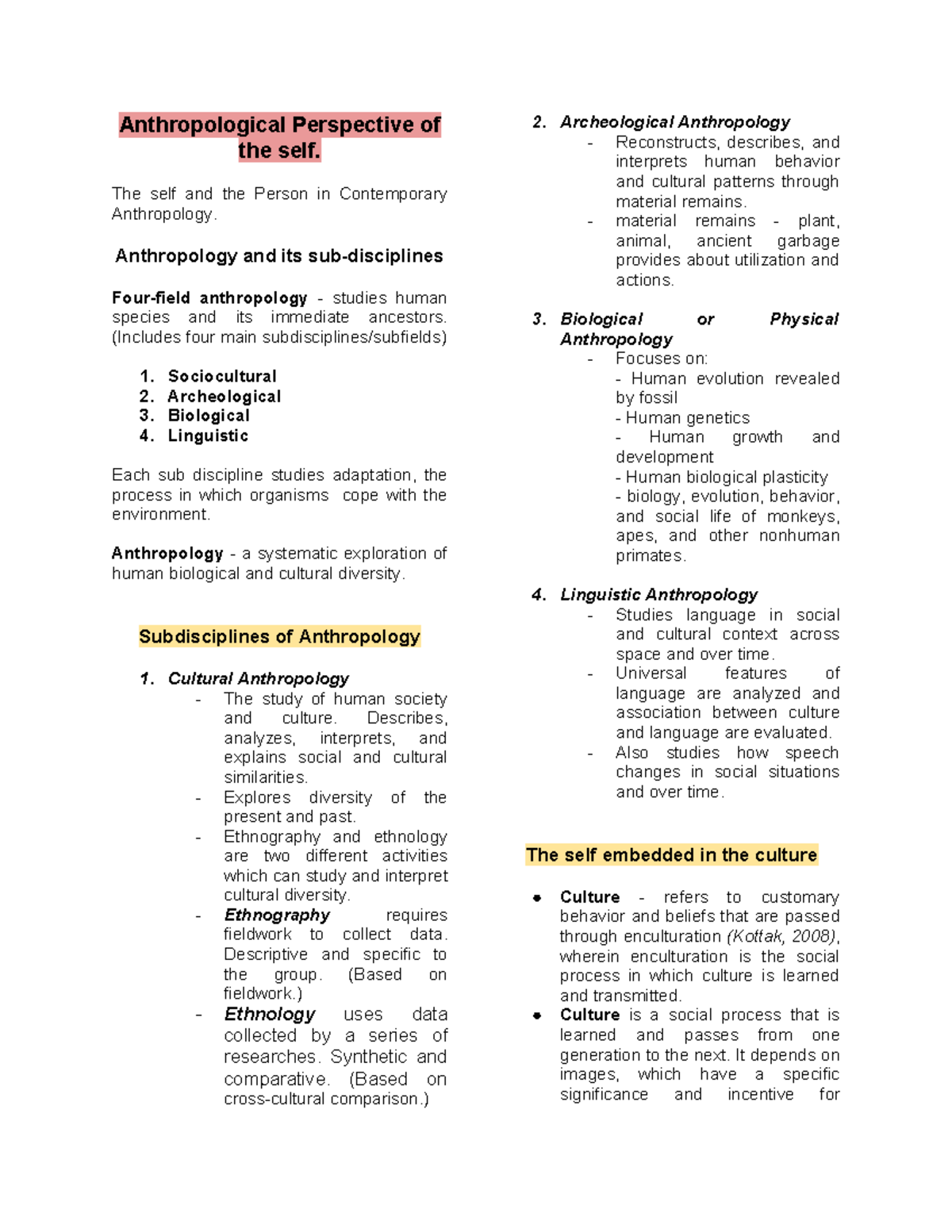 Uself- Prelims - reviewer - Anthropological Perspective of the self. The self and the Person in ...