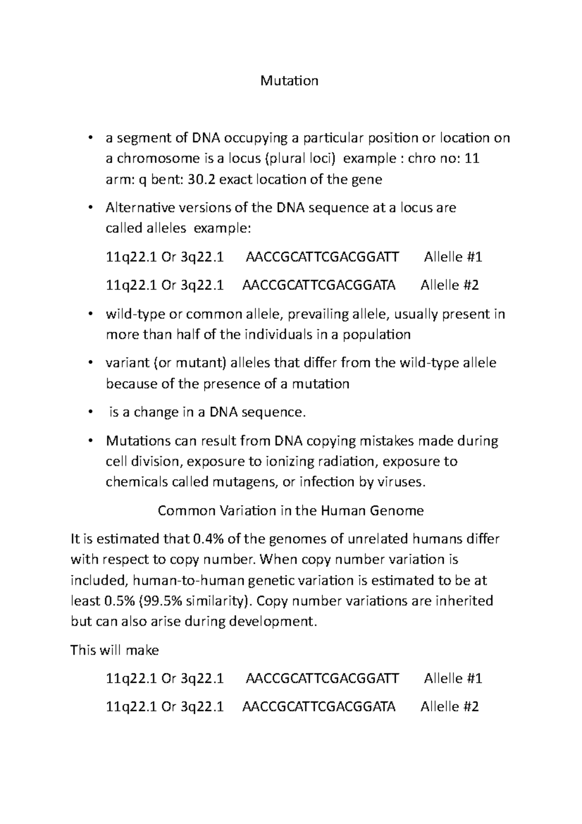 Mutation notes kvkf - Mutation a segment of DNA occupying a particular ...