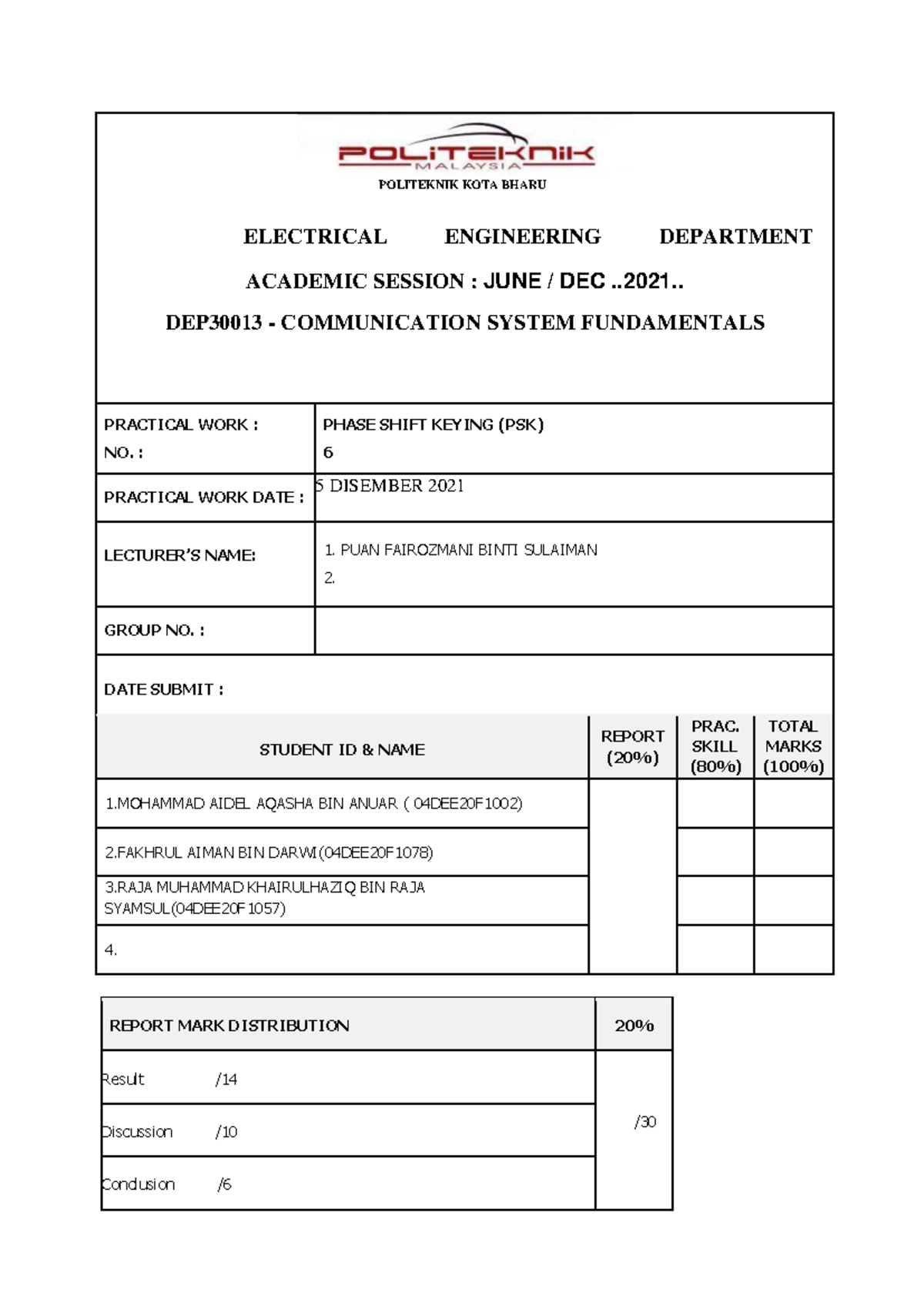 DEP30013 Practical WORK 6 - POLITEKNIK KOTA BHARU ELECTRICAL ...