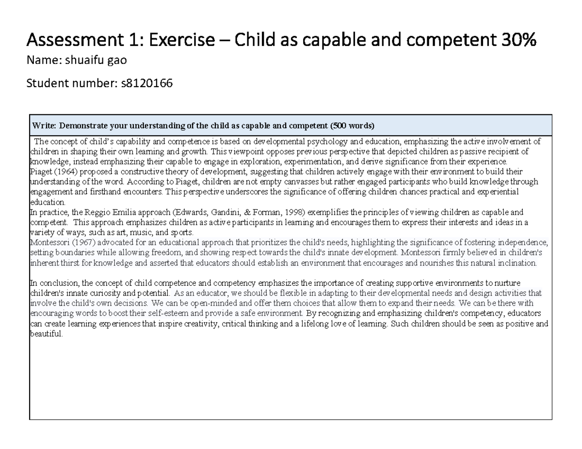 ECE6009 Assessment 1 - Assessment 1: Exercise – Child as capable and ...
