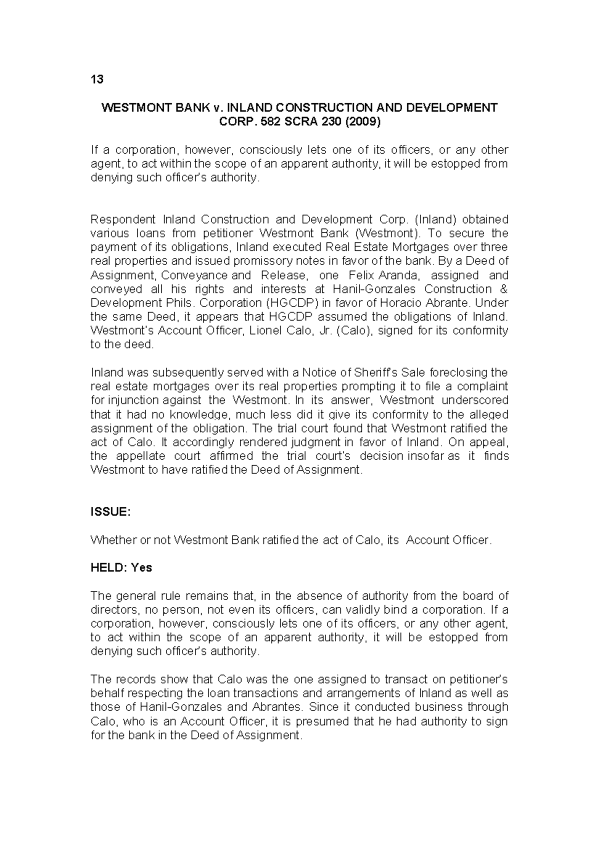 LAW AND PUBLIC OFFICERS - 13 WESTMONT BANK v. INLAND CONSTRUCTION AND ...
