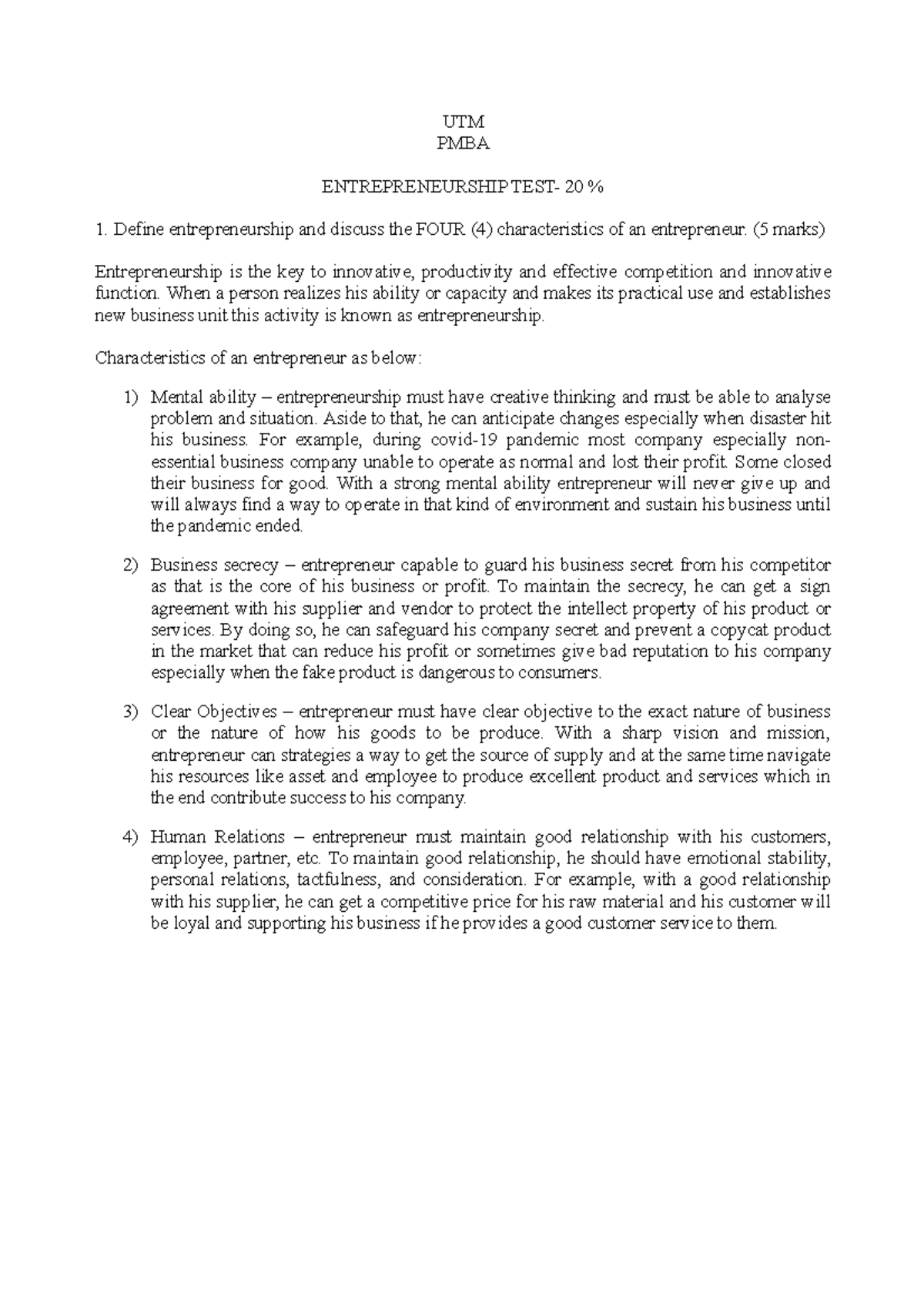 TEST - Assignment, Discussion and Test - UTM PMBA ENTREPRENEURSHIP TEST ...