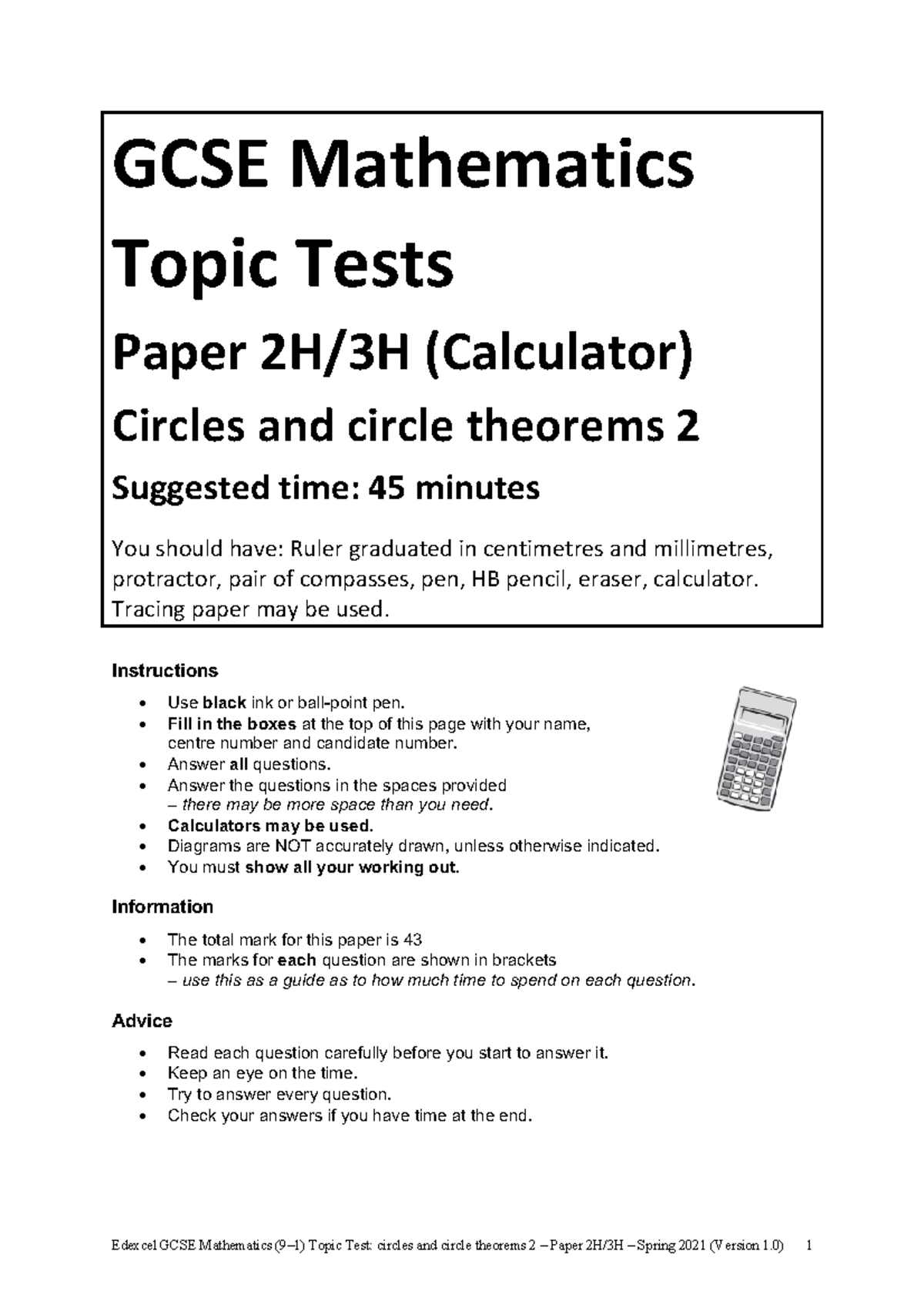 Circles 2 - circle therrem - GCSE Mathematics Topic Tests Paper 2H/3H ...