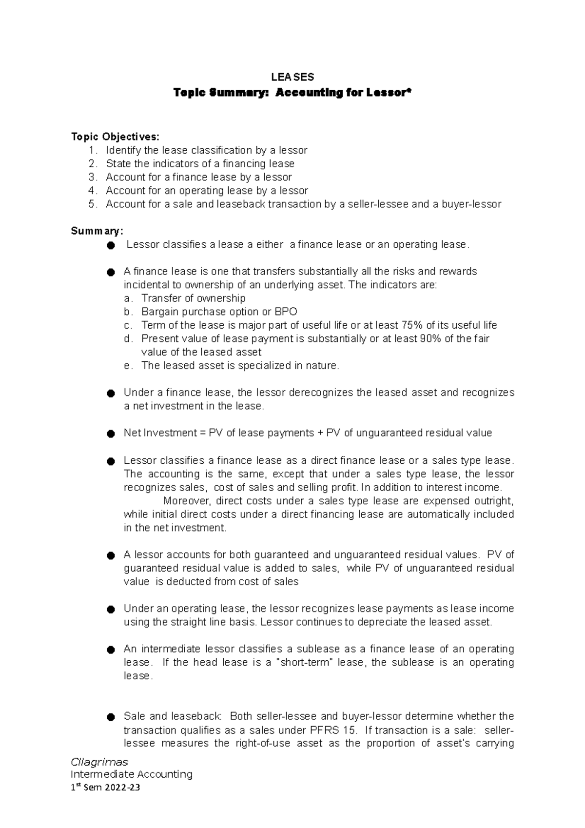 Acctg FOR Lease ( Lessor) Summary - LEASES Topic Summary: Accounting ...