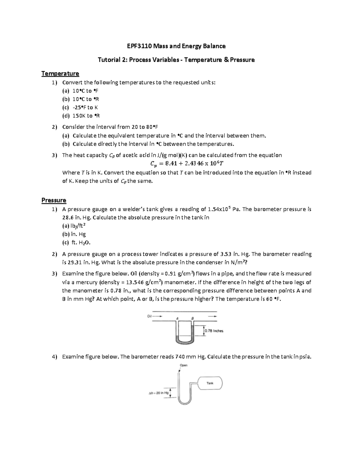 Tutorial 2 - FOR MASS AND ENERGY BALANCE - EPF3110 Mass and Energy ...