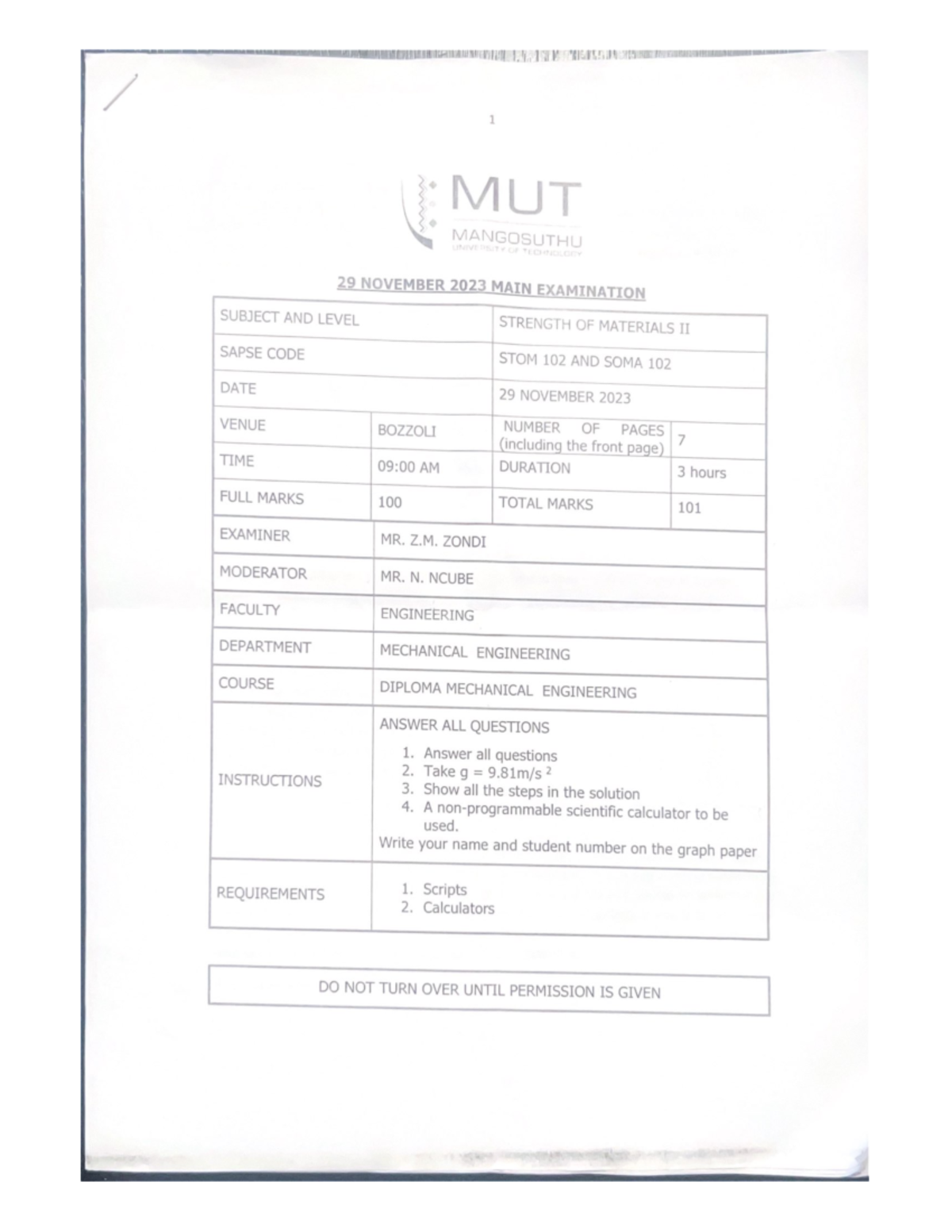 STOM102 NOV 2023 Exam - 1 MUT MANGOSUTHU UNIVERSITY OF TECHNOLOGY 29 ...