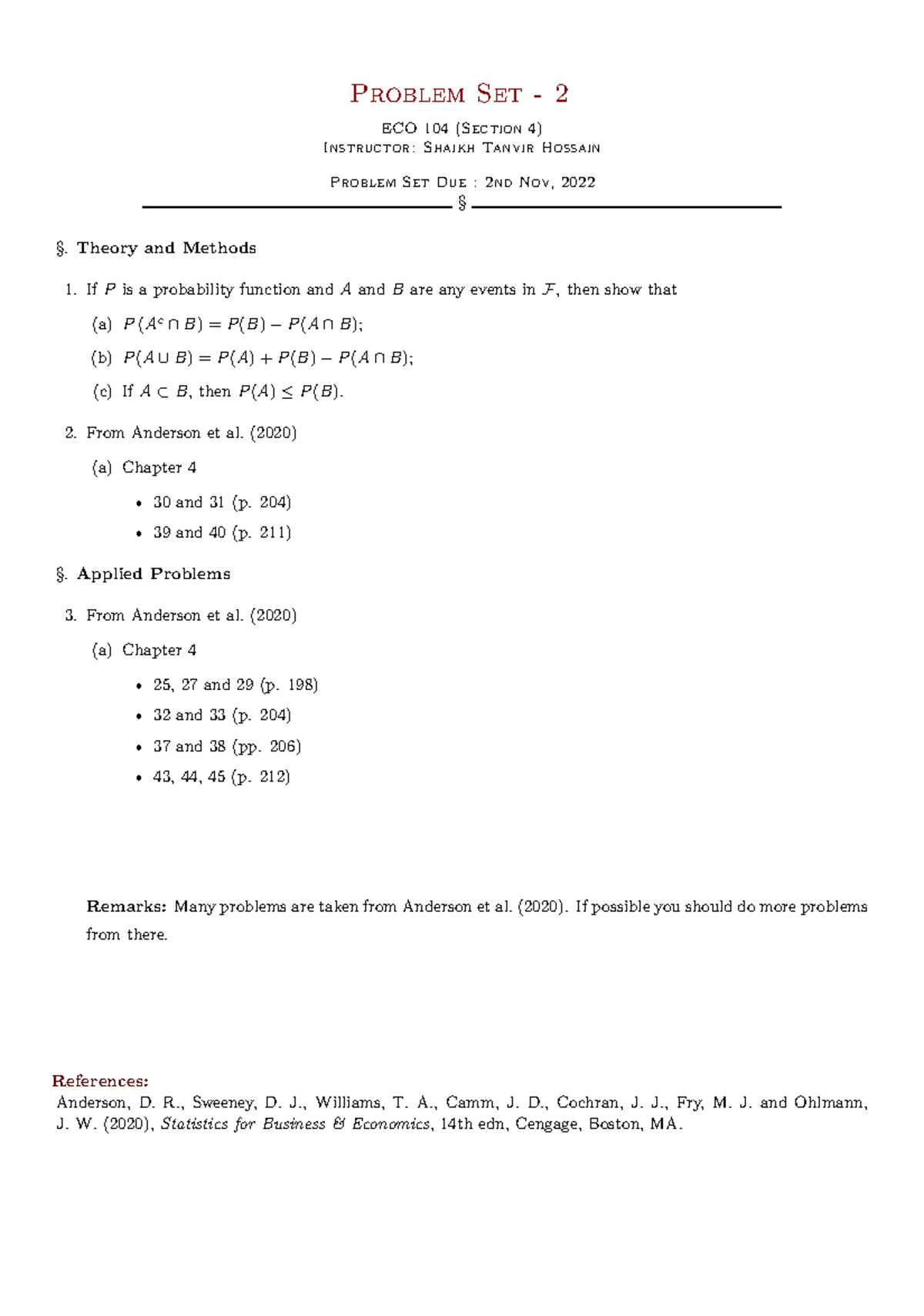 PS 2 - Problem Set - 2 ECO 104 (Section 4) Instructor: Shaikh Tanvir ...