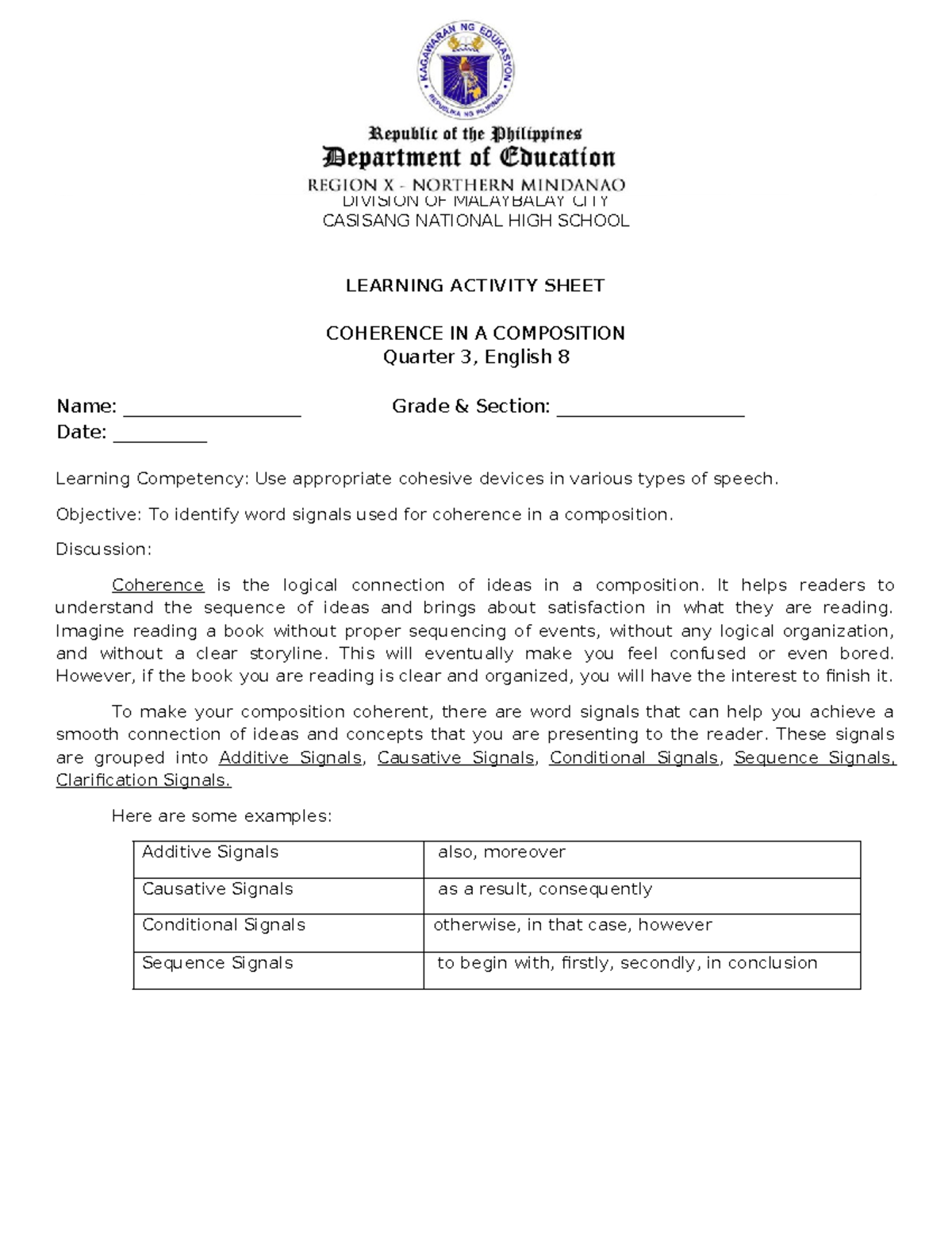 LAS - LEARNING ACTIVITY SHEET - DIVISION OF MALAYBALAY CITY CASISANG ...