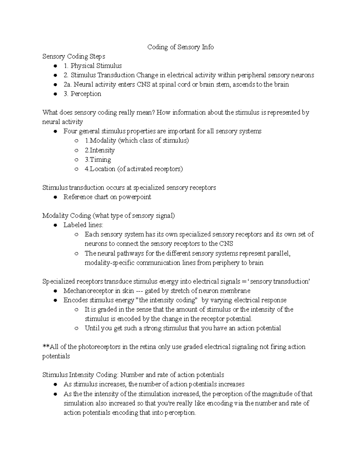 Coding of sensory information - Coding of Sensory Info Sensory Coding ...