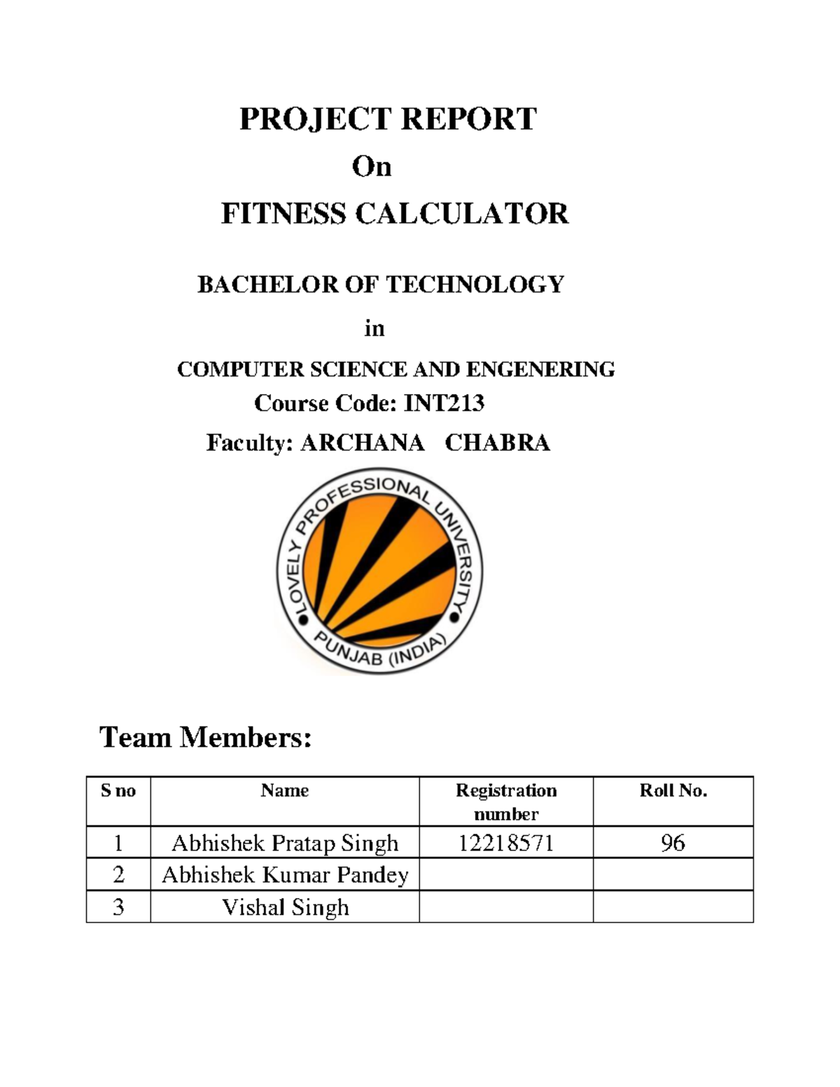 Project Report Python Project Report On Fitness Calculator Bachelor