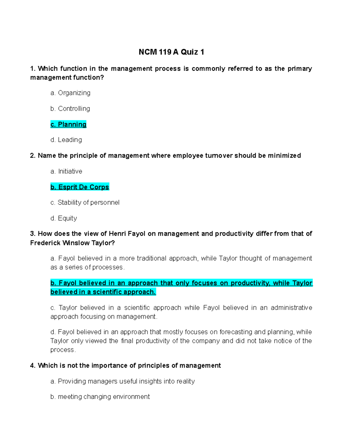 NCM 119 A Quiz 1 - Practice Quiz - NCM 119 A Quiz 1 Which function in ...