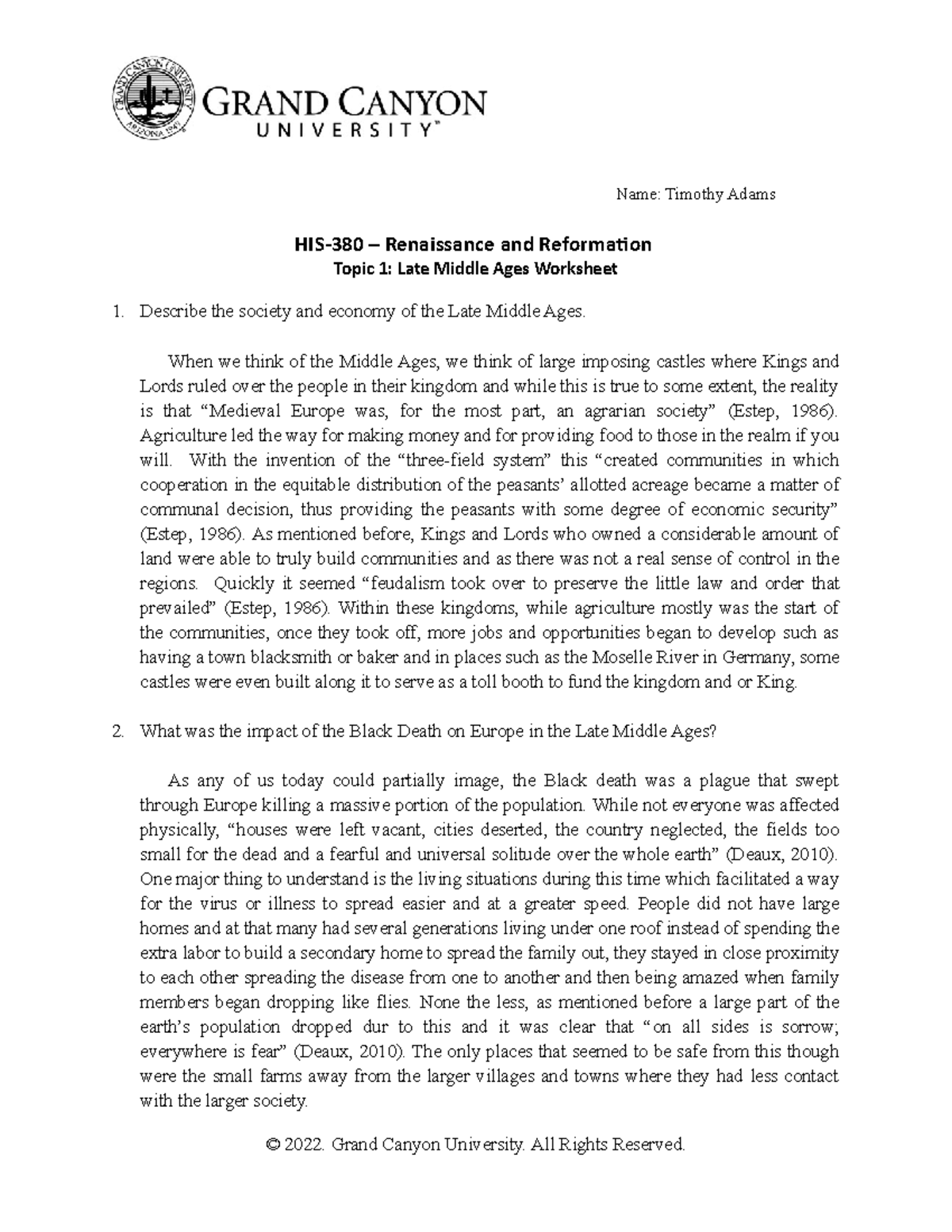HIS-380 T1- Late Middle Ages Worksheet - Name: Timothy Adams HIS-380 ...