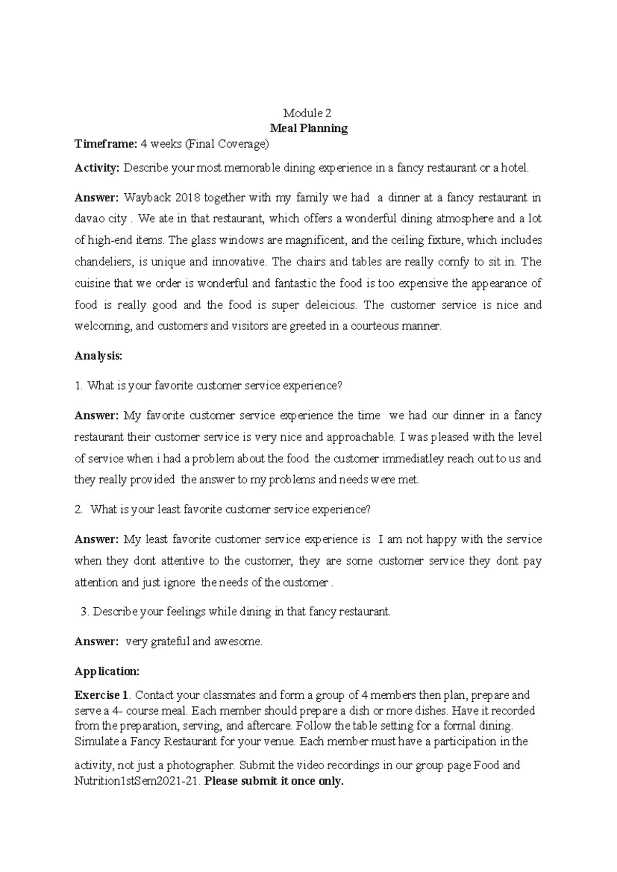 Meal planning - Module 2 Meal Planning Timeframe: 4 weeks (Final ...