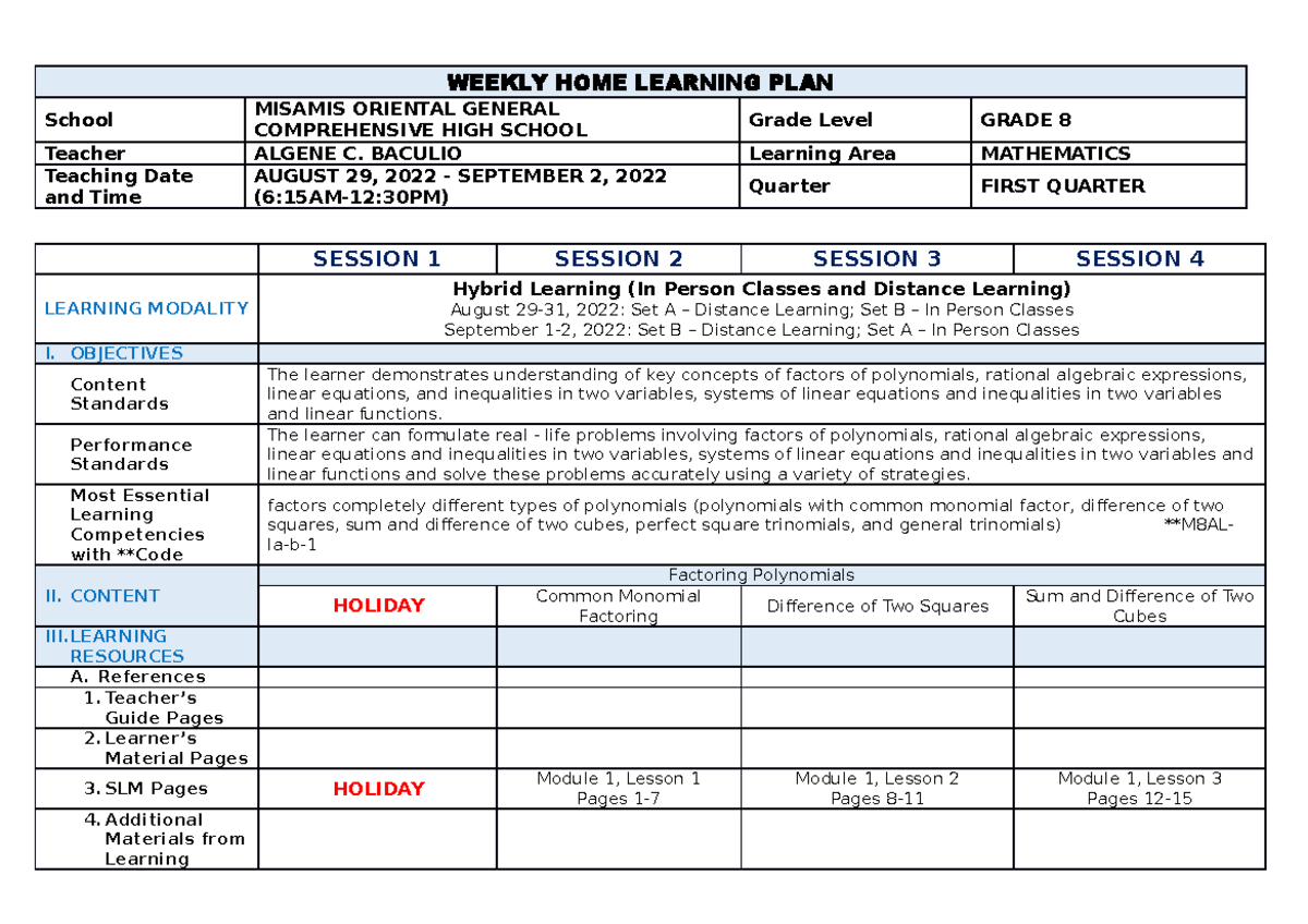 WHLP Factoring Polynomials WEEK 1 - WEEKLY HOME LEARNING PLAN School ...
