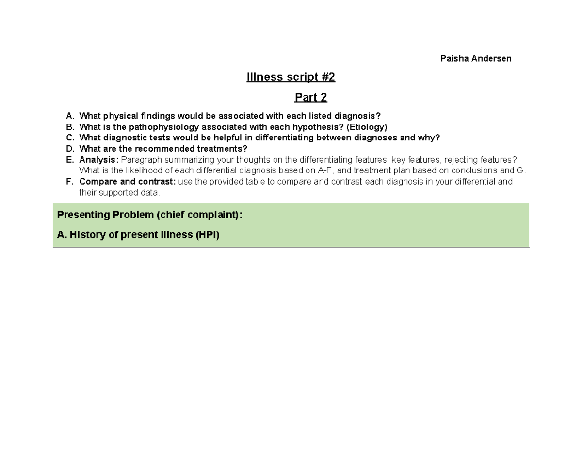 Andersen Illness-Script-2 - Paisha Andersen Illness script Part 2 A ...